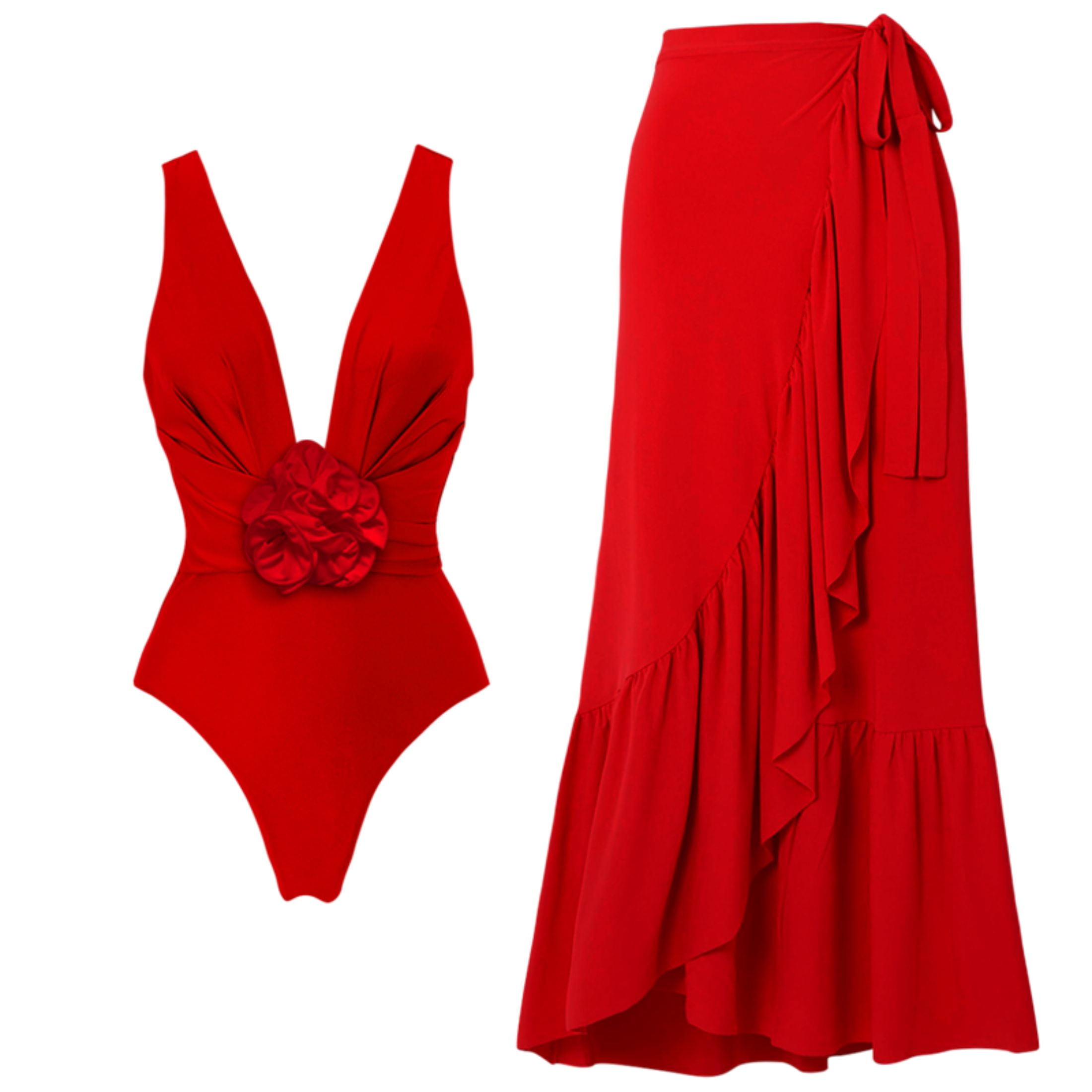 Flaxmaker Women One Piece Swimsuit Red Deep V Neck 3D Flower Removable ...