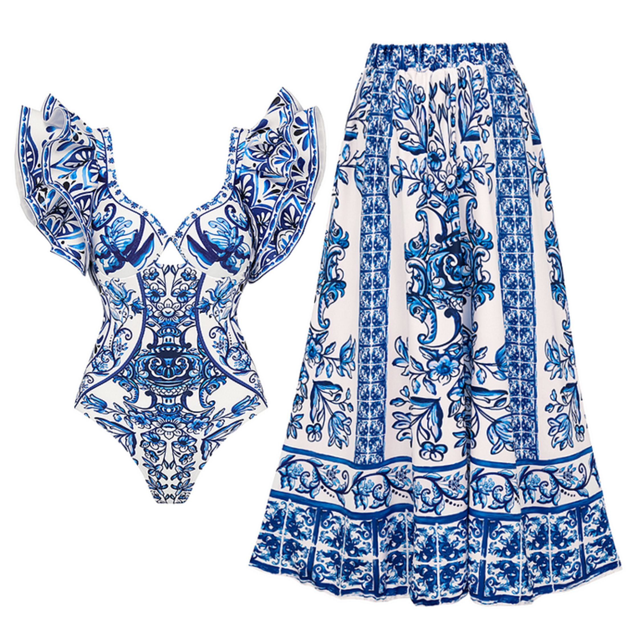 Flaxmaker Women One Piece Swimsuit Set Ruffle Blue and White Porcelain ...