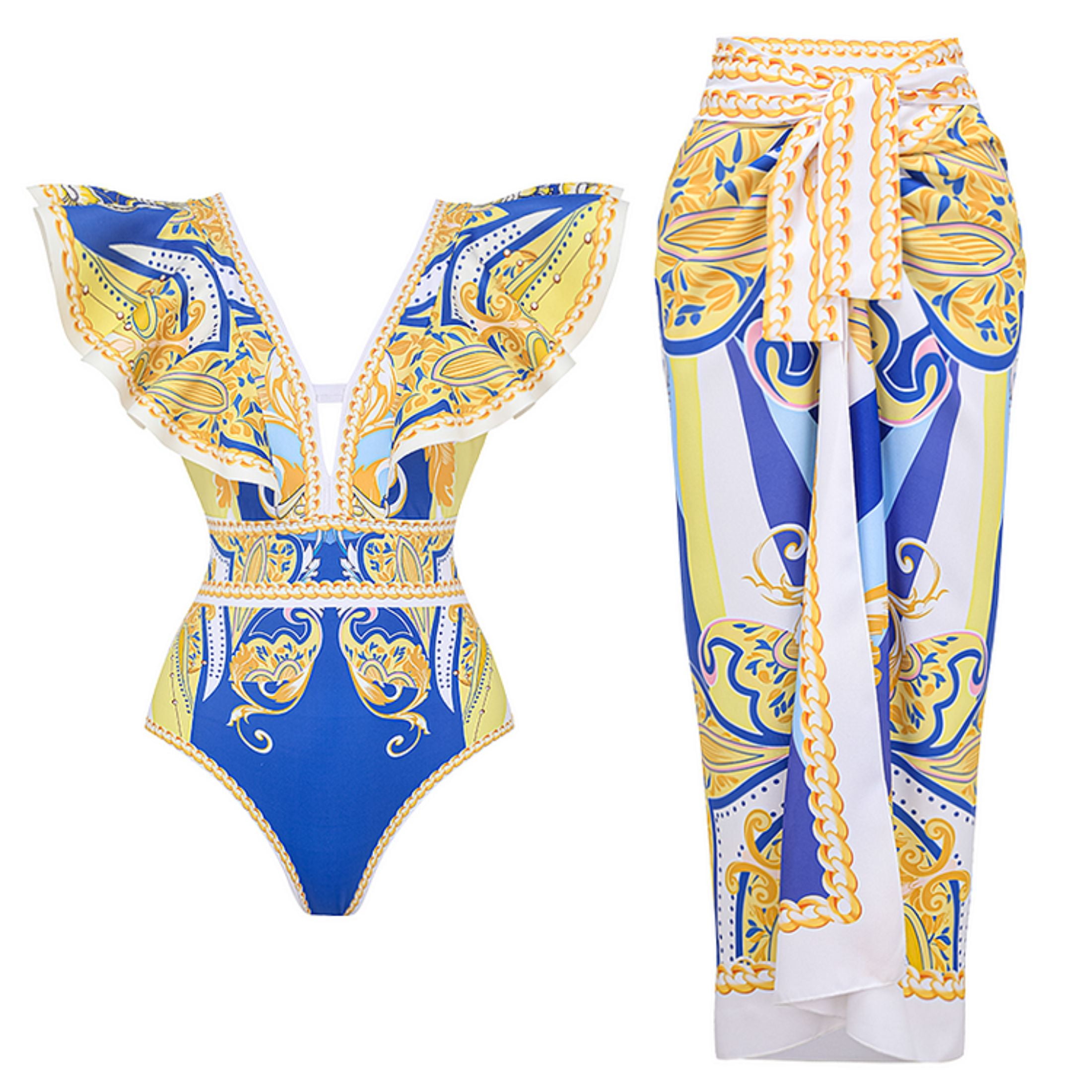 Flaxmaker Women Ruffle V Neck Pattern Print One Piece Swimsuit and ...