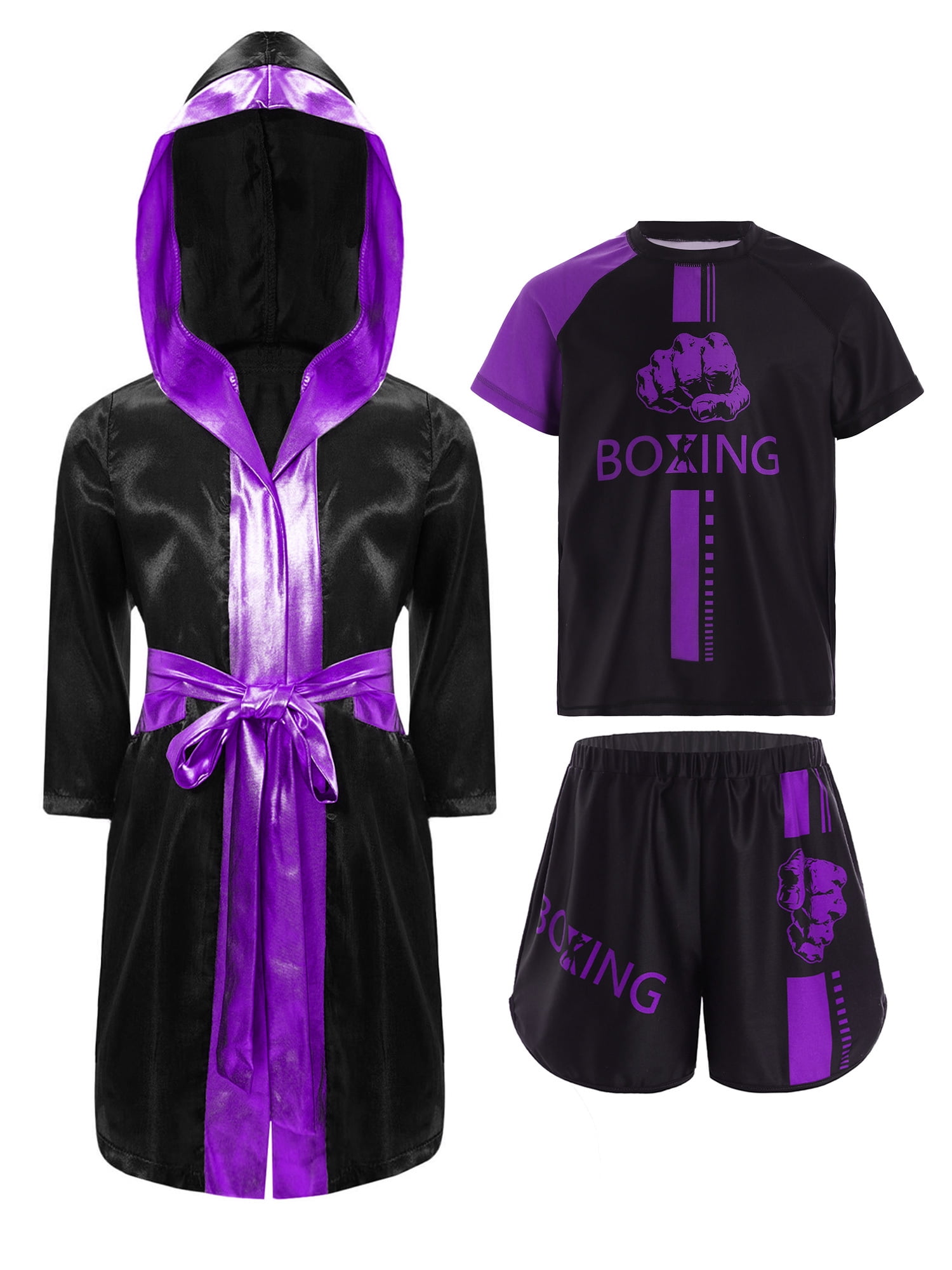 Fldy Boys Boxing Uniform Satin Boxer Hooded Cloak with Belt and Sports ...