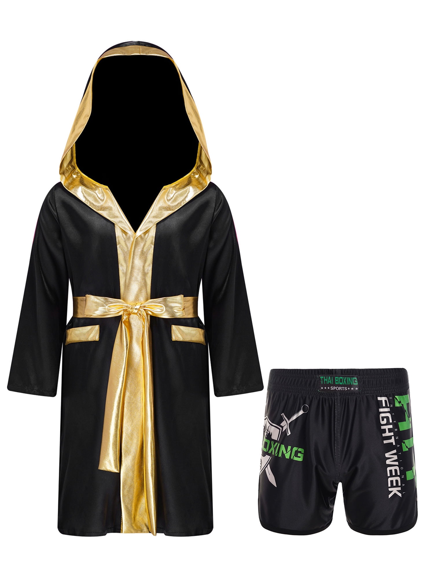 Fldy Kids Boys Boxing Outfits Metallic Satin Hooded Robe Cloak and ...