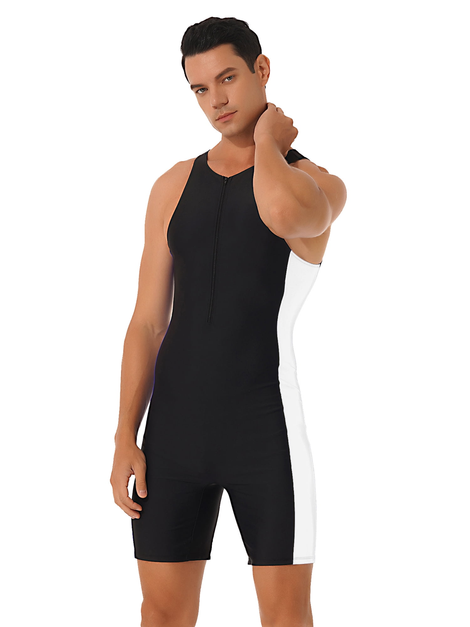 Fldy Mens One Piece Swimsuit Unitard Front Zipper Shorty Swimwear Rush ...