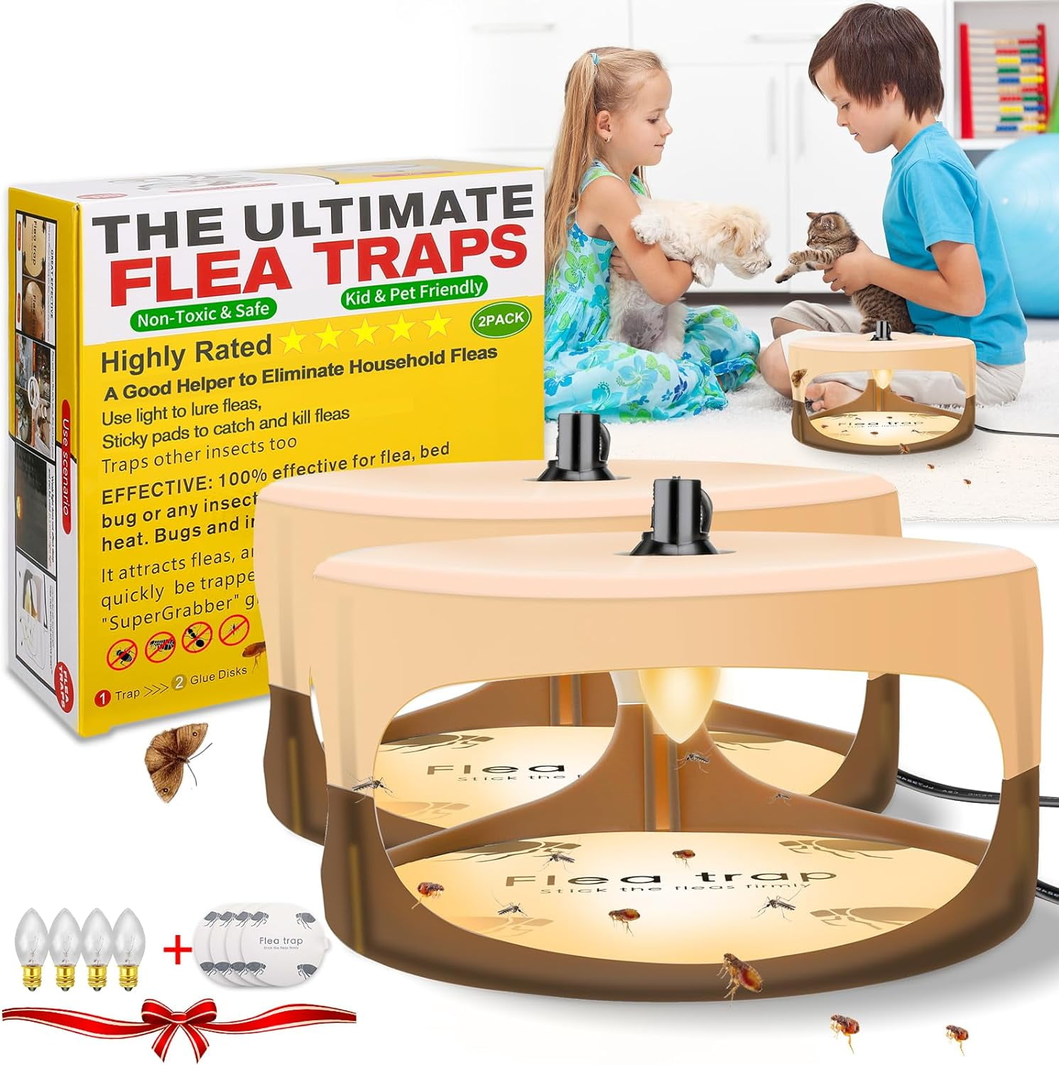 Runbaixing Flea Trap 2 Packs, Indoor Flea Control with 4 Glue Discs and ...