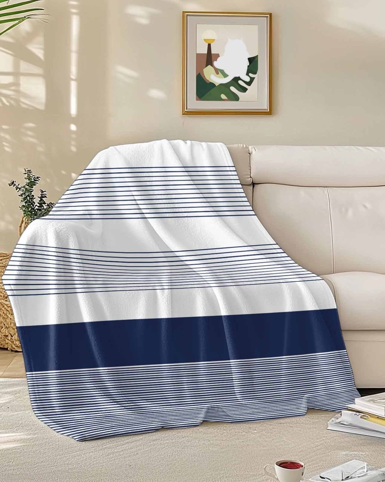 Fleece Blanket Abstract Navy Blue Stripe Line Blankets, Soft Cozy Warm ...