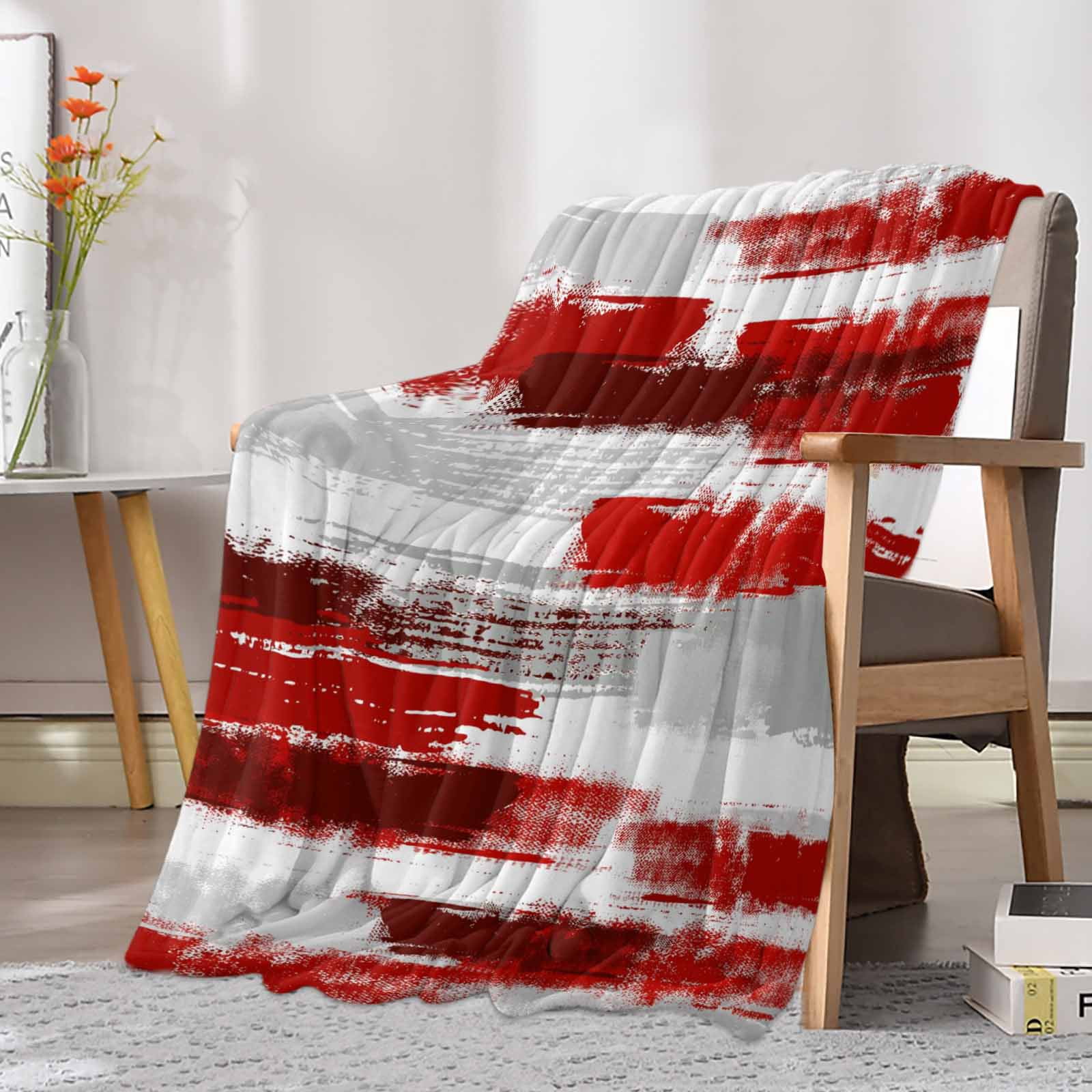 Fleece Blanket Abstract Red Grey Striped Blankets, Soft Cozy Warm ...