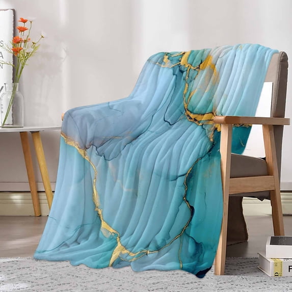 Fleece Blanket Abstract Turquoise Marble Gold Lines Blankets, Soft Cozy ...