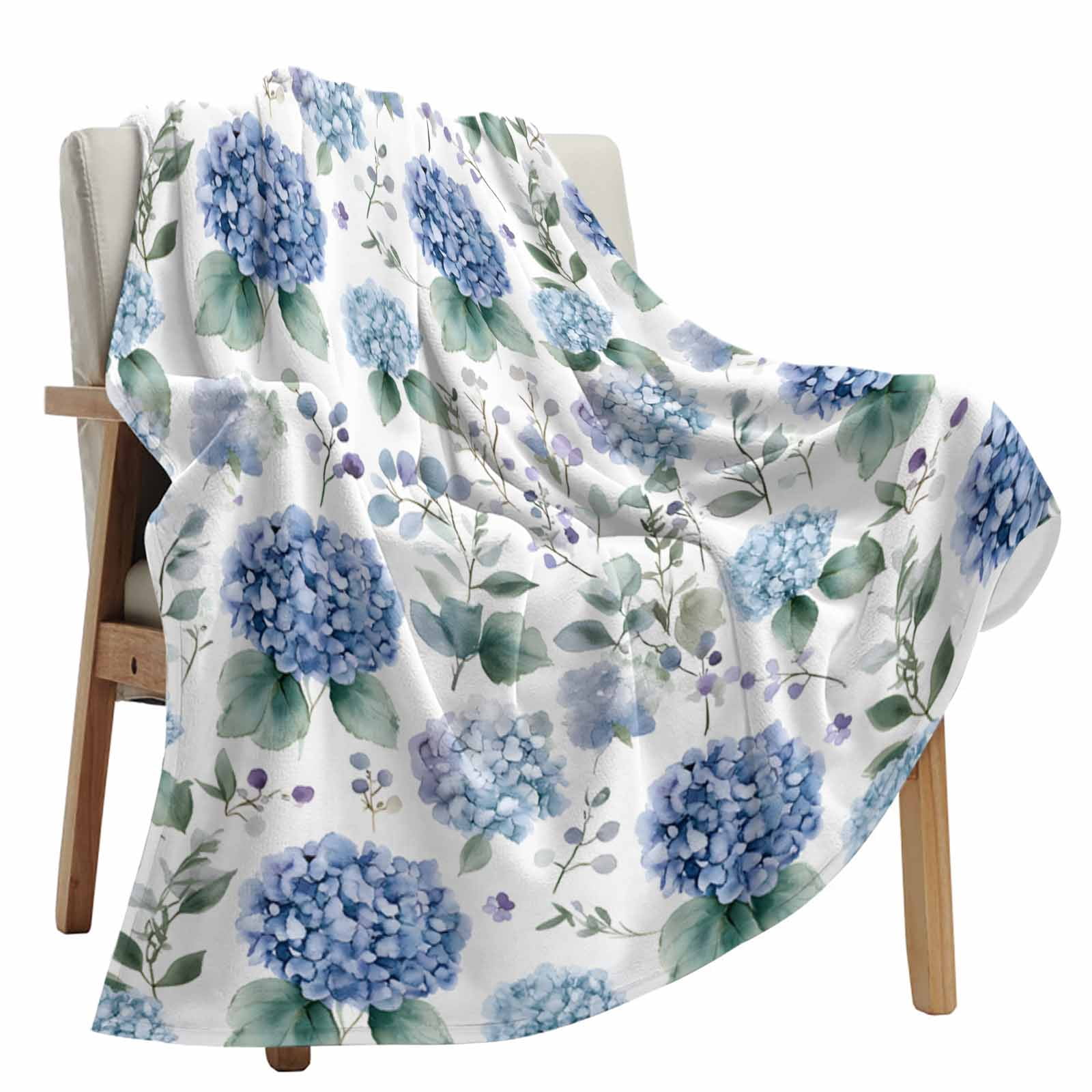 Fleece Blanket Blue Flower Hydrangea Eucalyptus Leaf Blankets, Soft ...