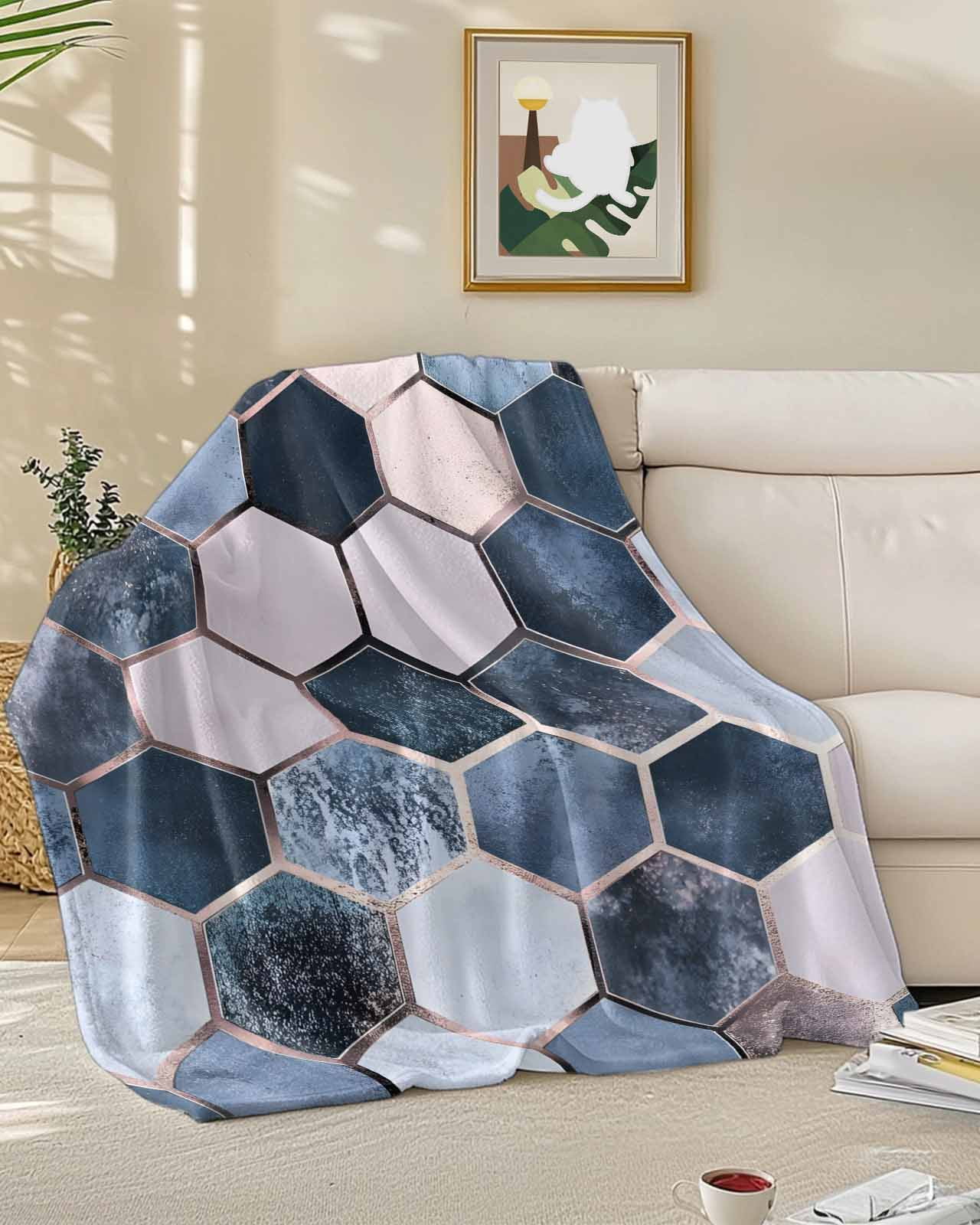 Fleece Blanket Blue Lattice Hexagon Color Block Blankets, Soft Cozy Warm Flannel Throw Blanket ...