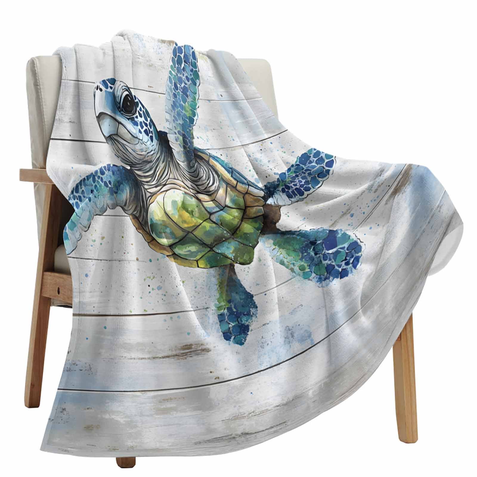 Fleece Blanket Blue Sea Turtle on Vintage Wood Grain Blankets, Soft ...