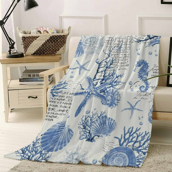 Fleece Blanket Blue Shell Ocean Starfish Seahorse Coral Blankets, Soft ...