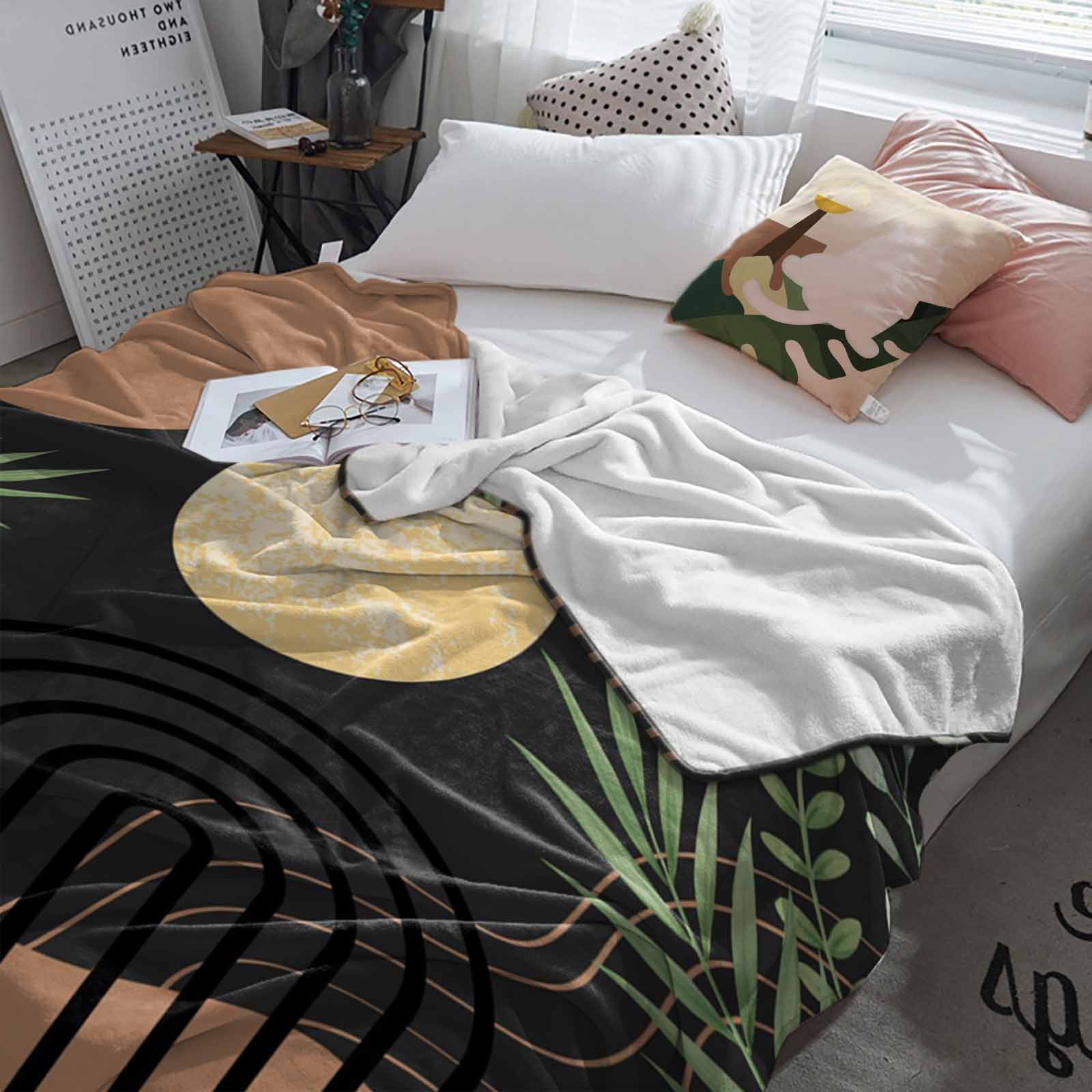 Fleece Blanket Boho Leaf Arch Moon Blankets, Soft Cozy Warm Flannel ...