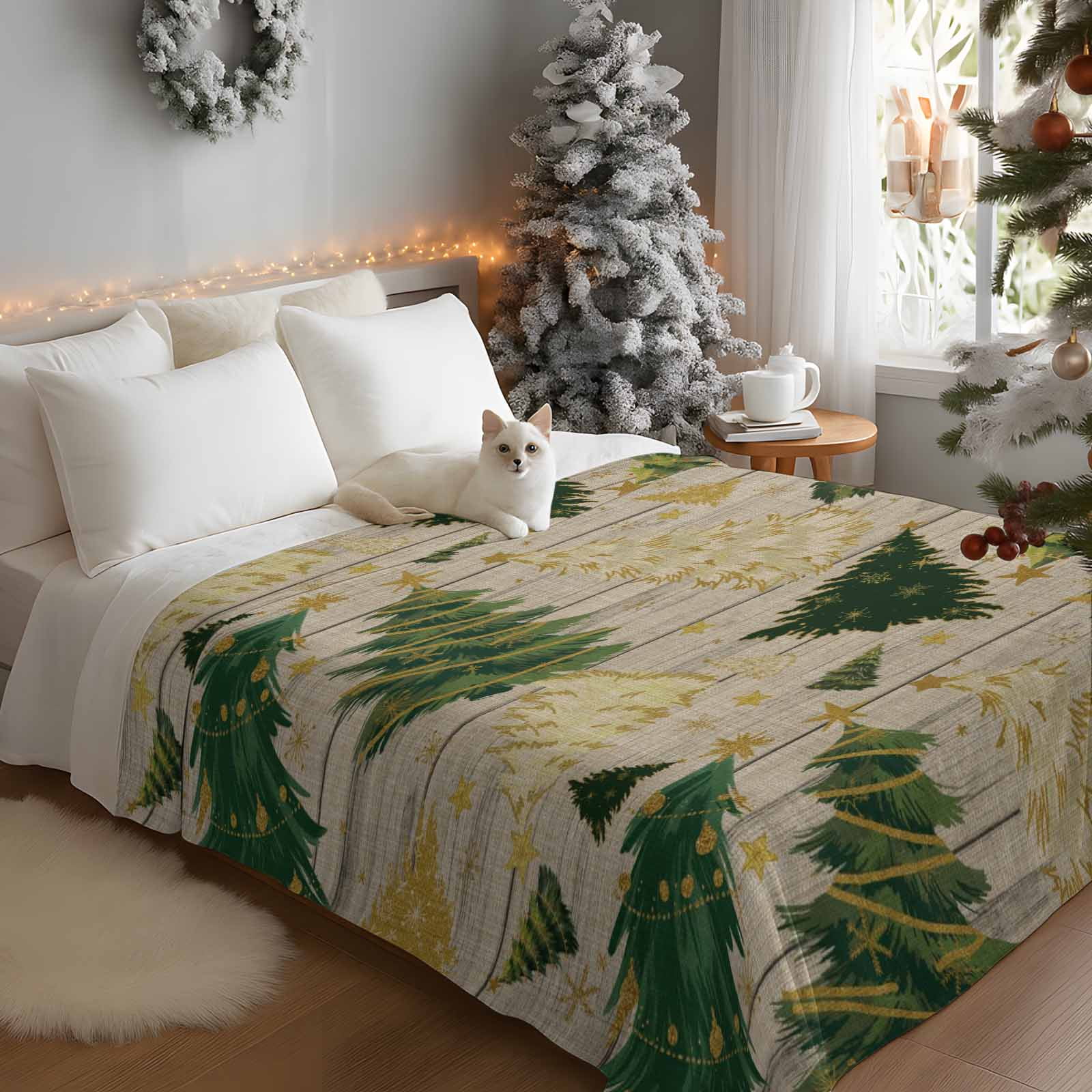 Fleece Blanket Christmas Tree on Retro Wood Board Blankets, Soft Cozy ...