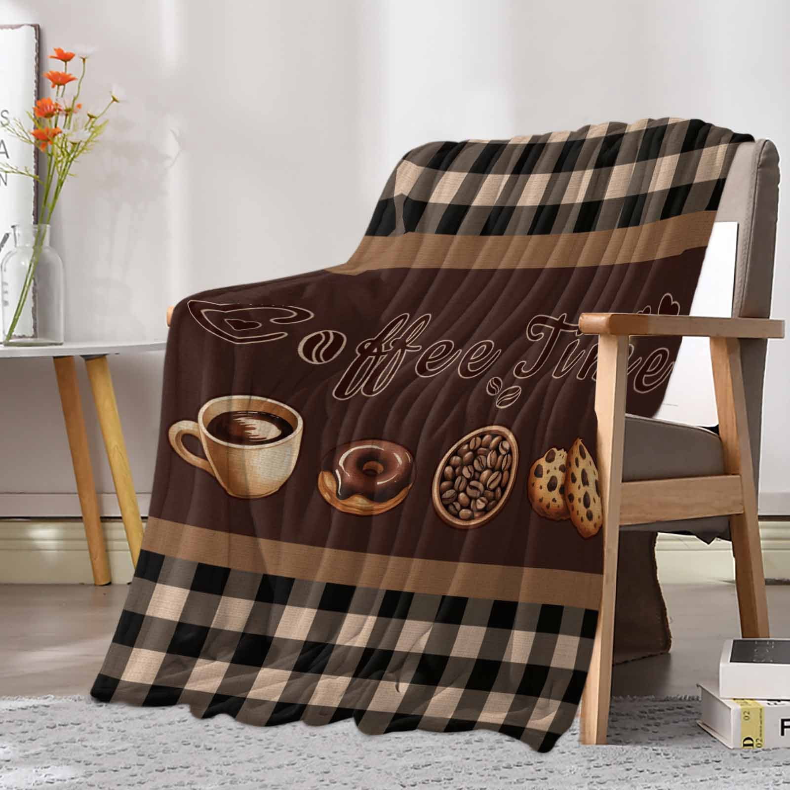 Fleece Blanket Coffee Time Text Theme Blankets, Soft Cozy Warm Flannel ...