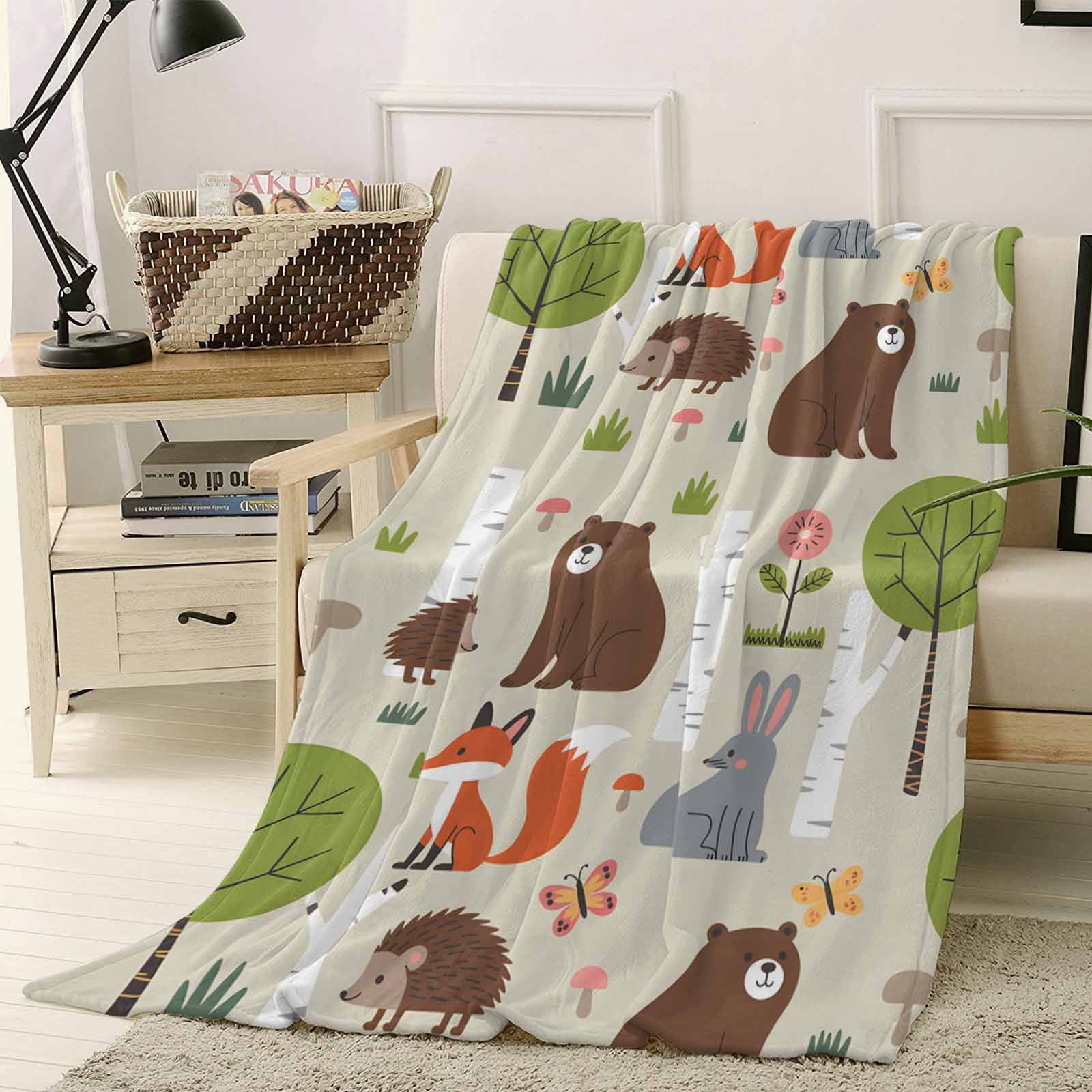 Fleece Blanket Cute Bear Hedgehog Fox Blankets, Soft Cozy Warm Flannel ...