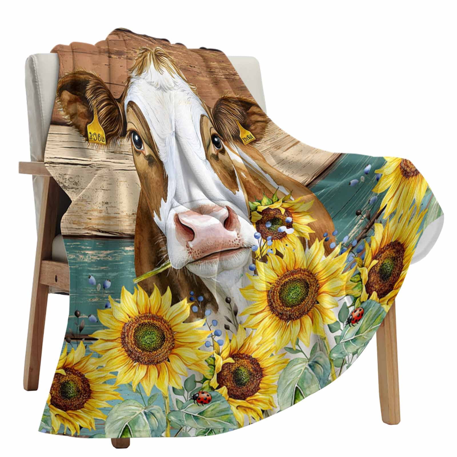 Fleece Blanket Farm Cow Country Sunflower Plant Blankets, Soft Cozy ...