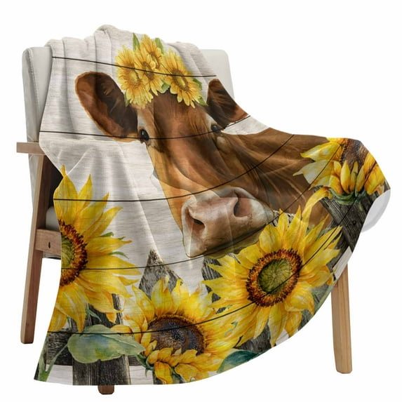 Fleece Blanket Farm Cow Sunflower Wood Fence Blankets, Soft Cozy Warm ...