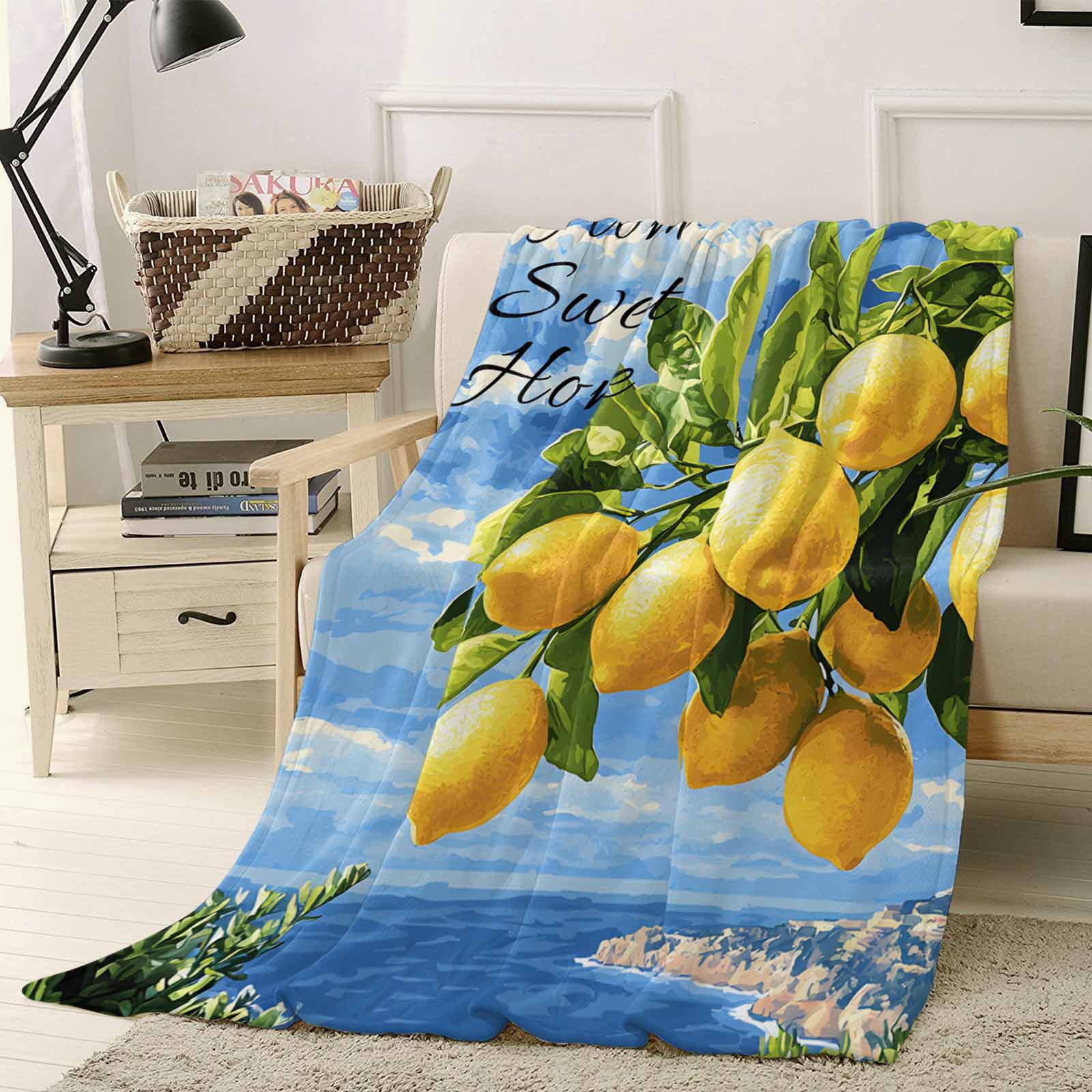 Fleece Blanket Farm Lemon Green Leaves Watercolor Blankets, Soft Cozy ...