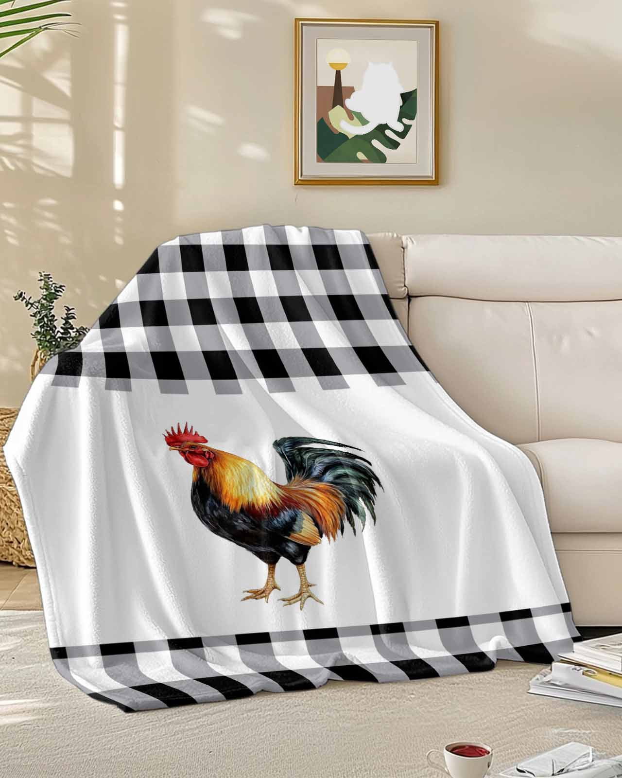 Fleece Blanket Farm Rooster Black Buffalo Plaid Blankets, Soft Cozy ...