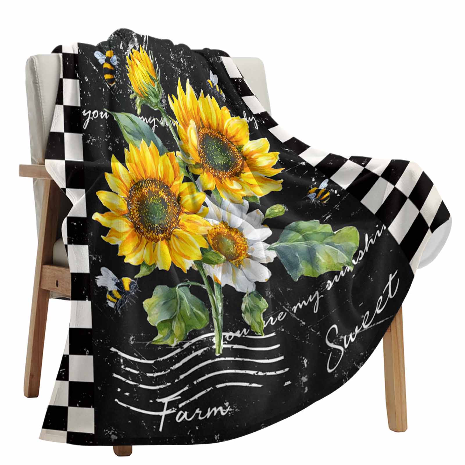 Fleece Blanket Farm Sunflower Plant Bee Blankets, Soft Cozy Warm ...