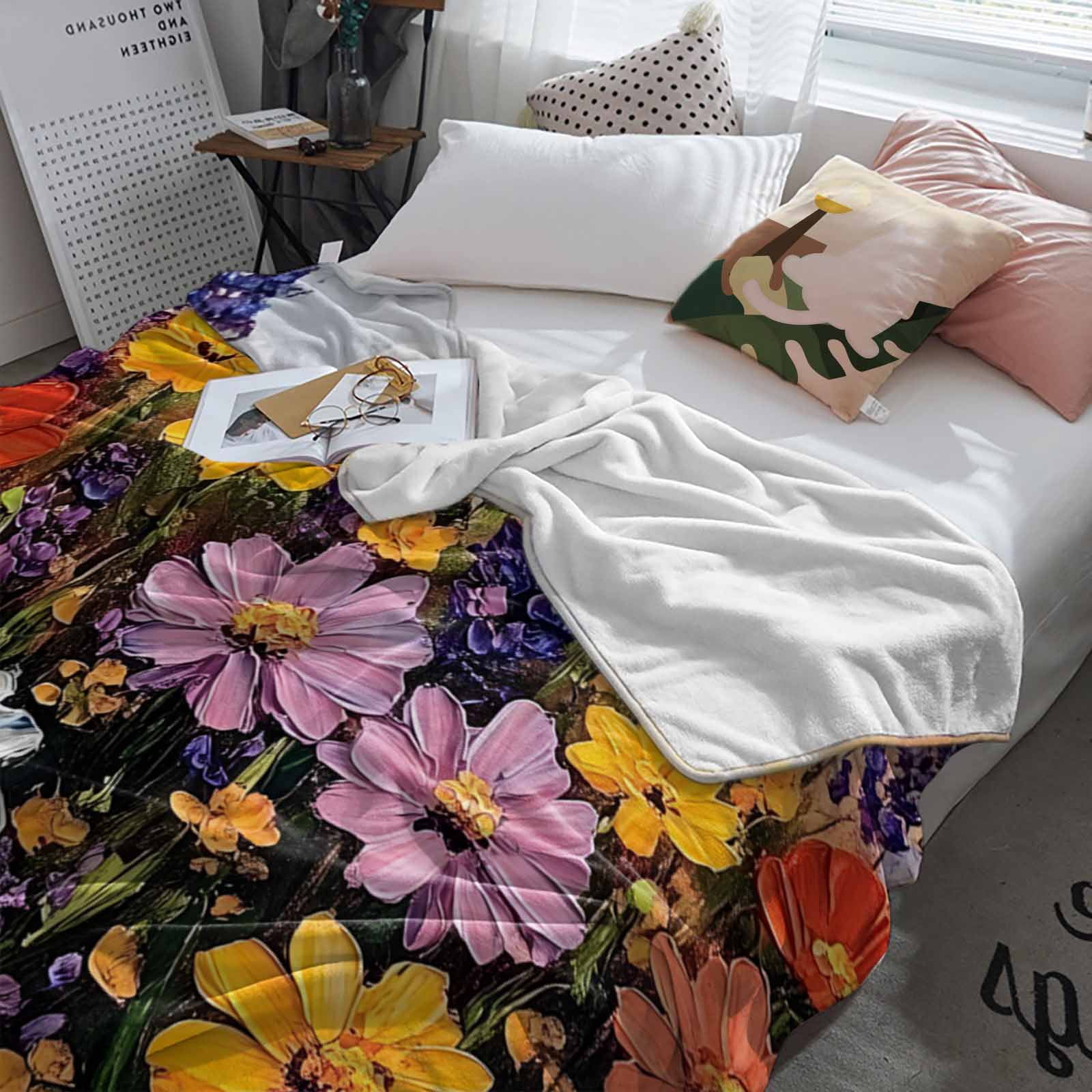 Fleece Blanket Garden Flower Oil Painting Art Blankets, Soft Cozy Warm ...