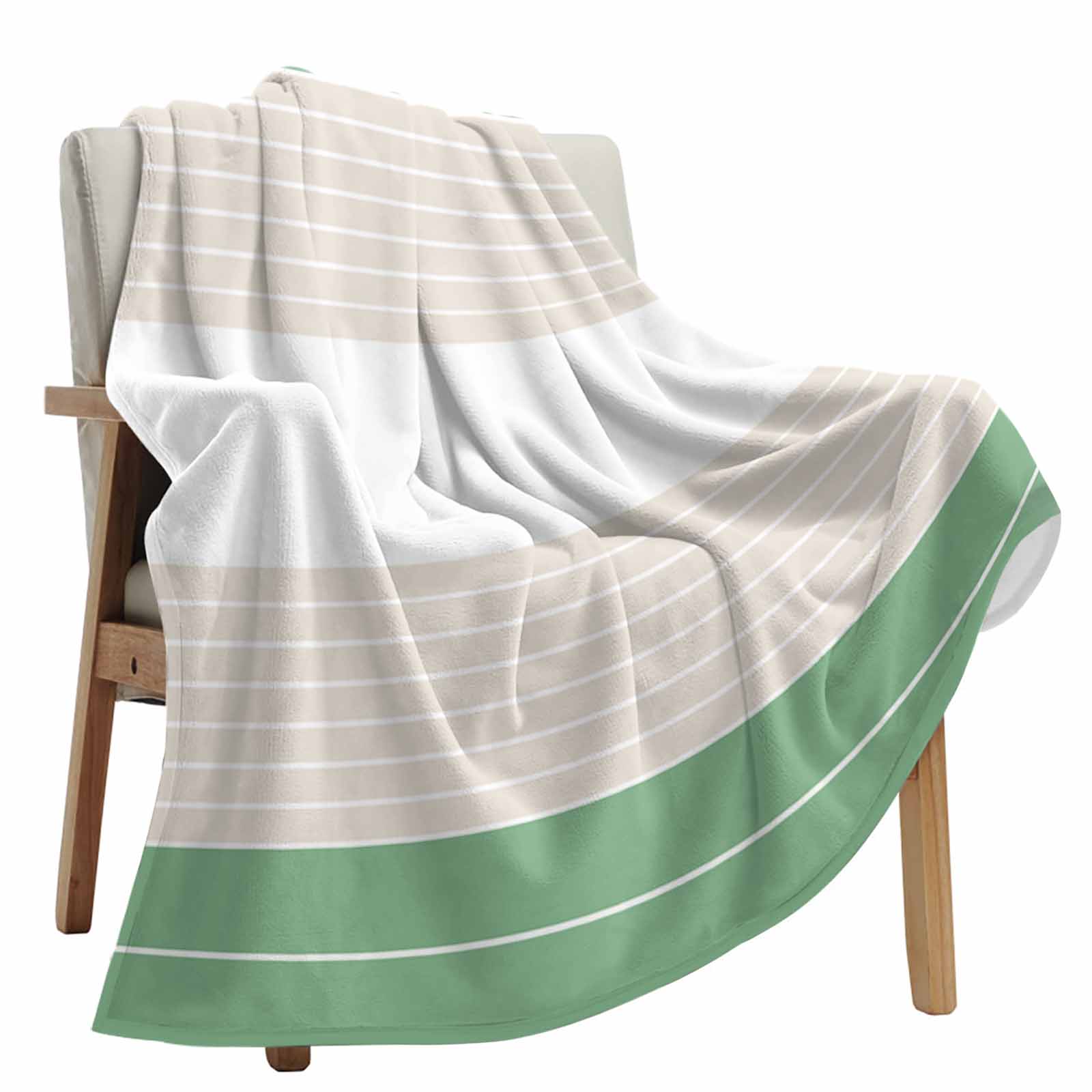 Fleece Blanket Geometric Green Beige Striped Blankets, Soft Cozy Warm ...