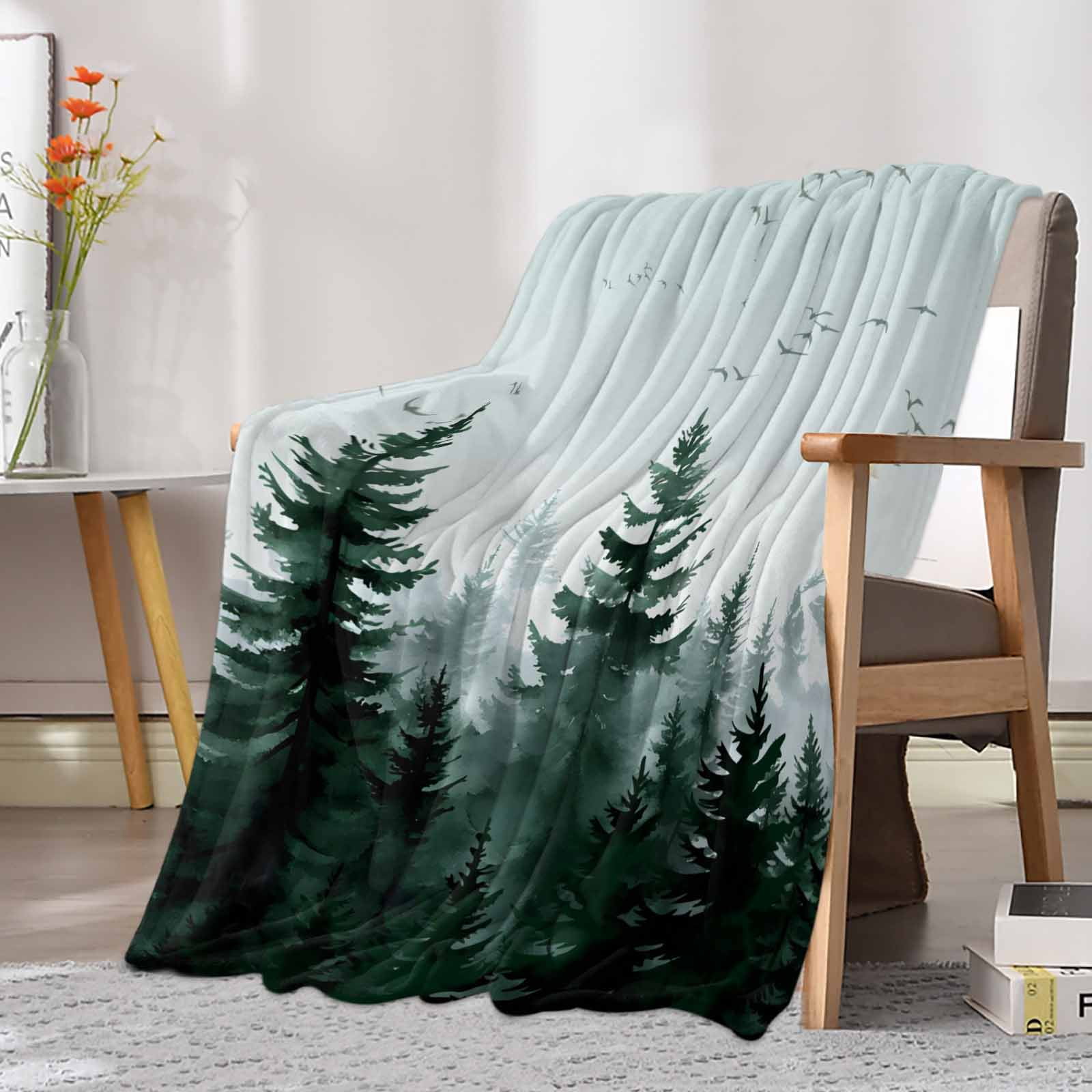 Fleece Blanket Green Forest Misty Tree Blankets, Soft Cozy Warm Flannel ...