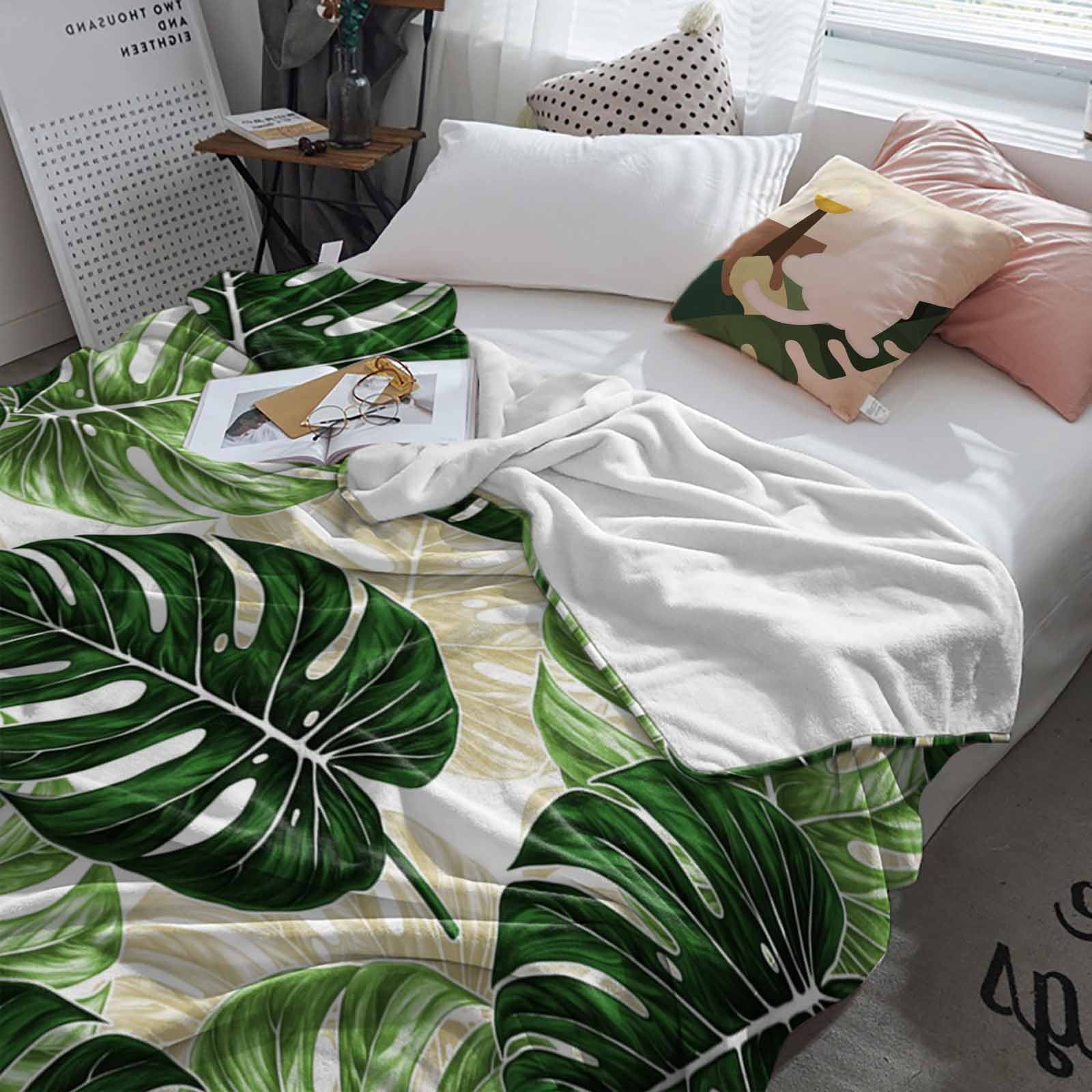 Fleece Blanket Green Palm Leaf Tropical Plant Blankets, Soft Cozy Warm ...