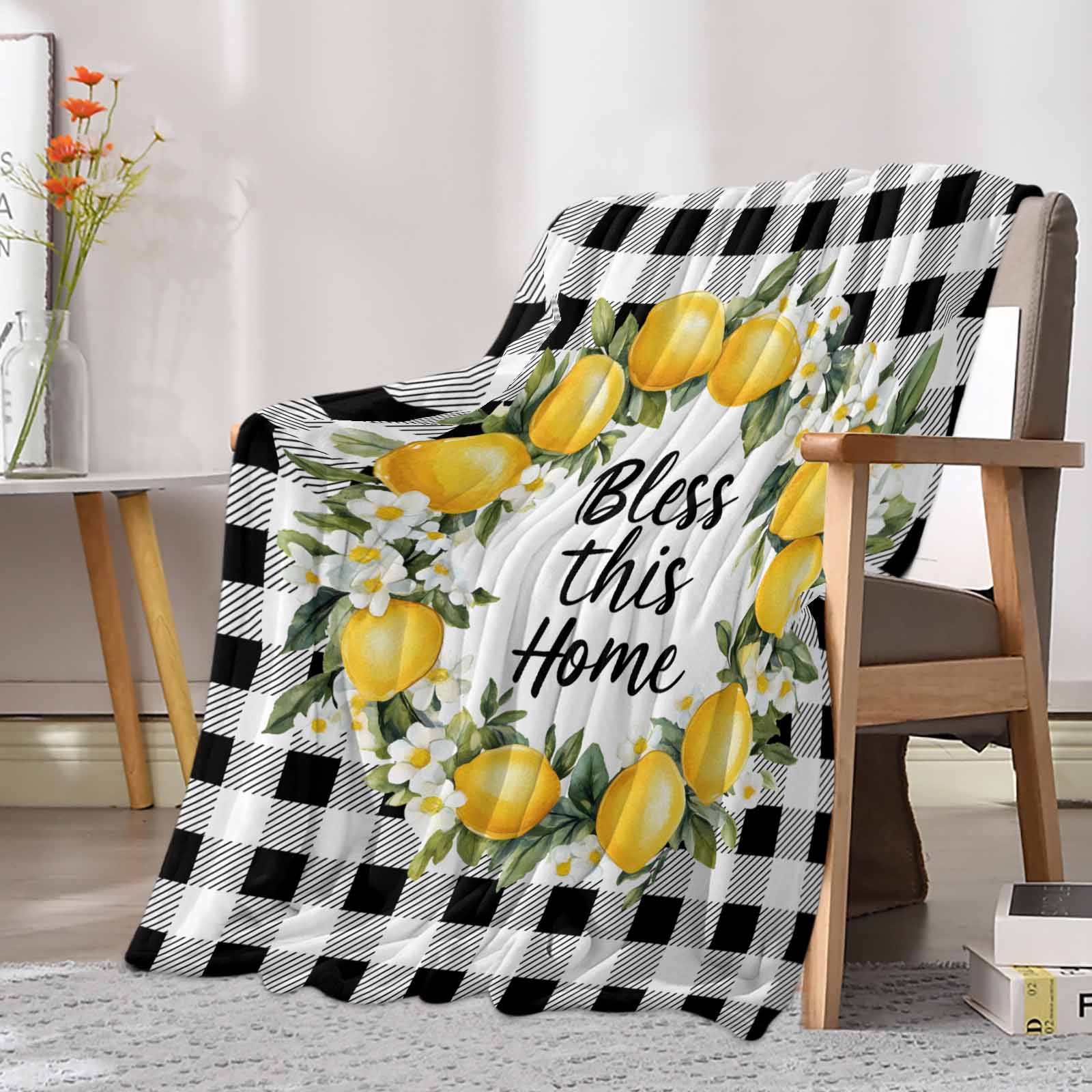 Fleece Blanket Lemon Fruit Floral Black White Buffalo Blankets, Soft ...