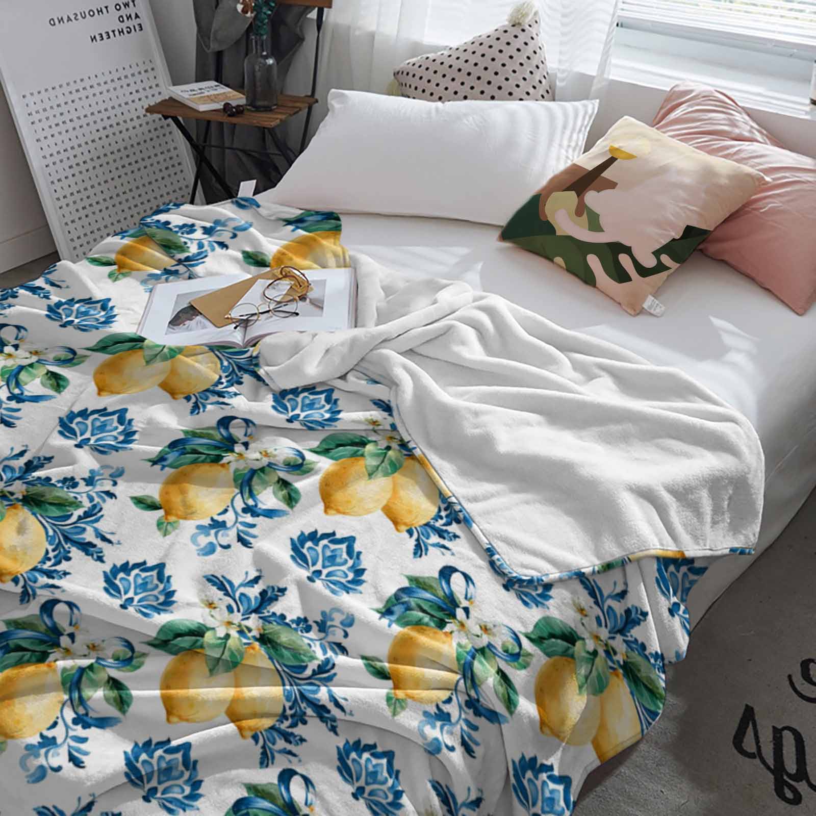 Fleece Blanket Lemon Summer Flower Baroque Style Blankets, Soft Cozy ...