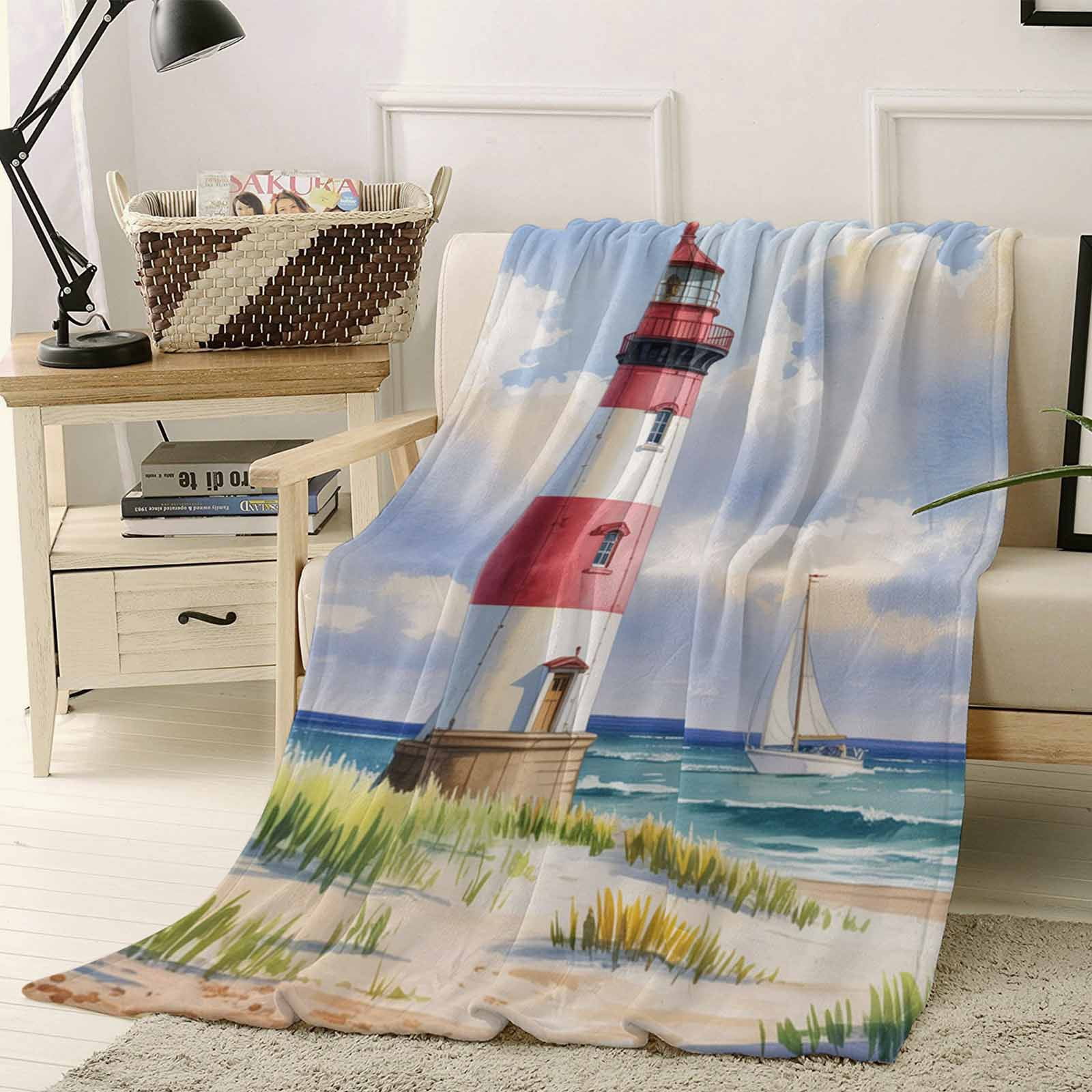 Fleece Blanket Lighthouse Beach Beach Sea Island Blankets, Soft Cozy ...