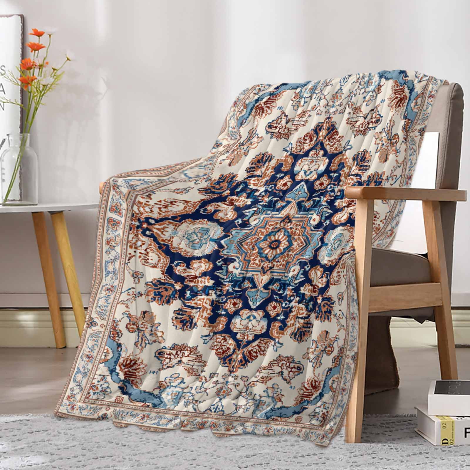 Fleece Blanket Mid Century Bohemia Retro Flower Blankets, Soft Cozy ...