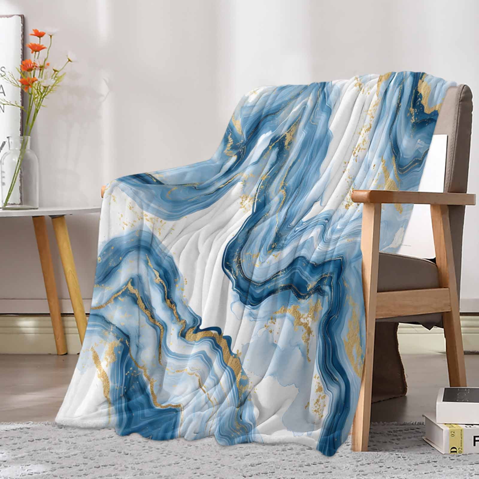 Fleece Blanket Modern Blue Gold Marble Stone Blankets, Soft Cozy Warm ...