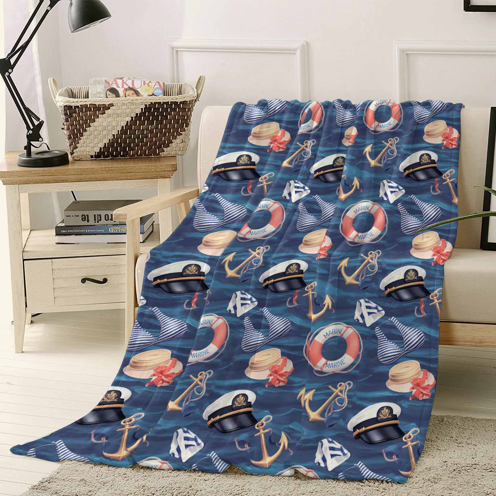 Fleece Blanket Nautical Anchor Swimsuit Navy Cap Seamless Blankets ...