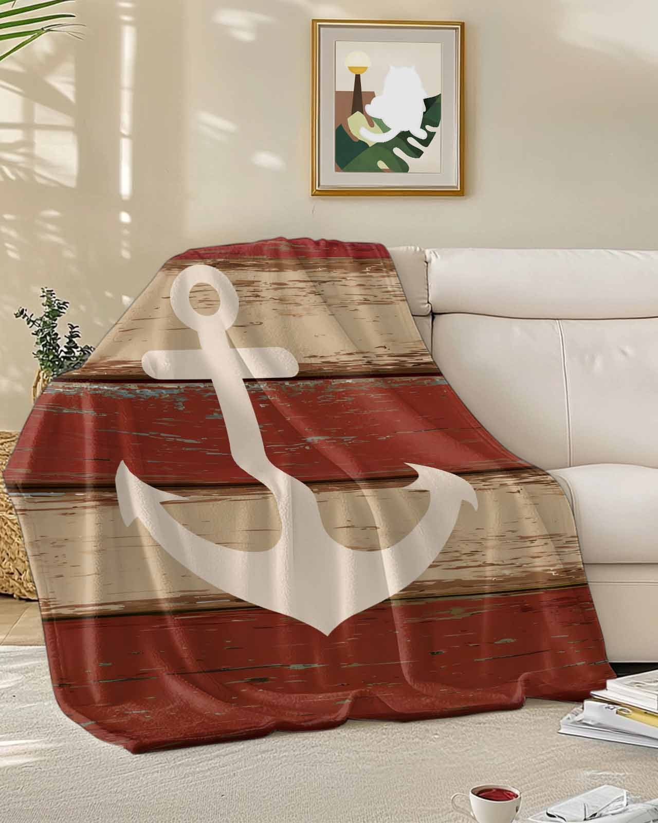 Fleece Blanket Nautical Anchor Vintage Plank Blankets, Soft Cozy Warm ...