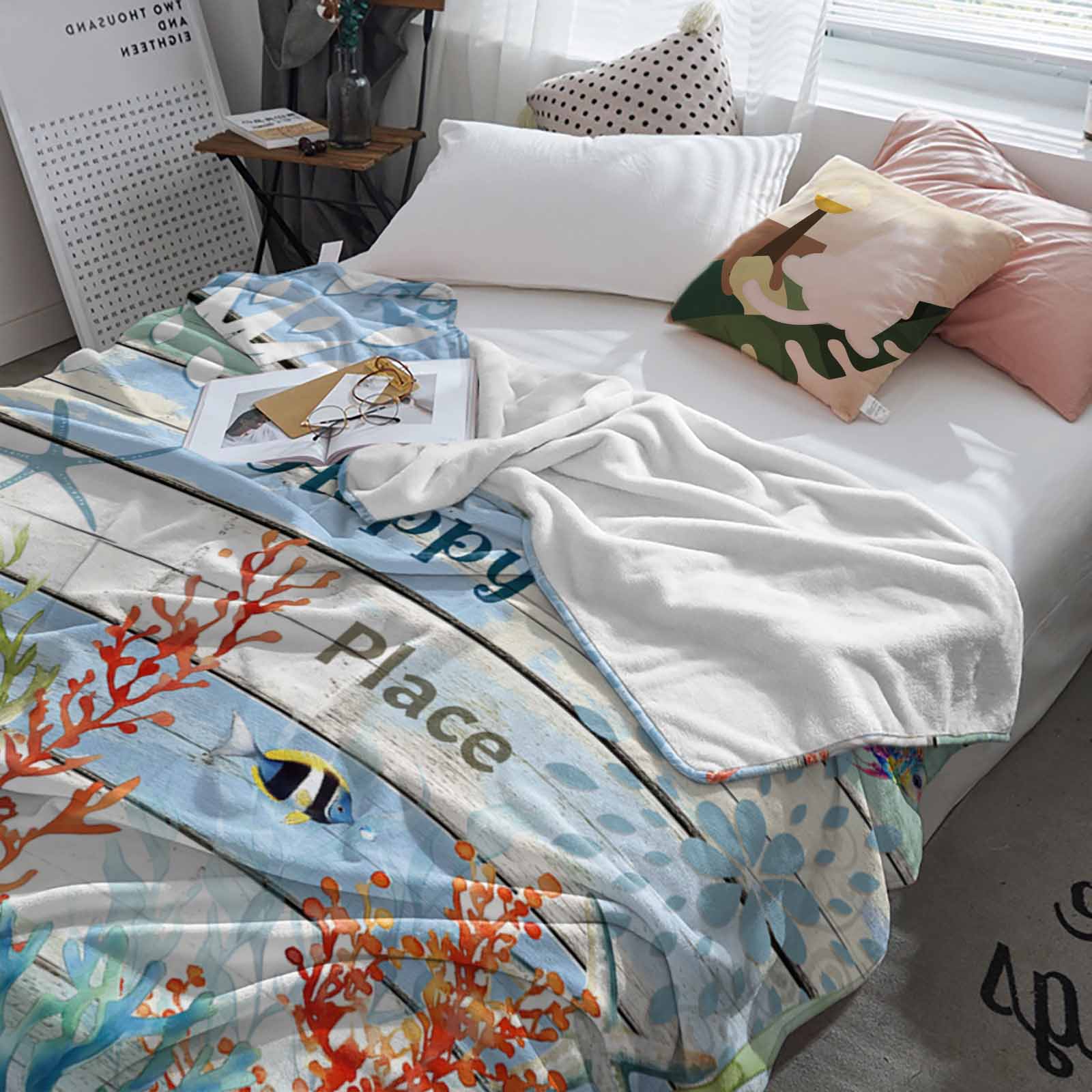 Fleece Blanket Nautical Starfish Coral Fish on Stamp Wooden Blankets ...
