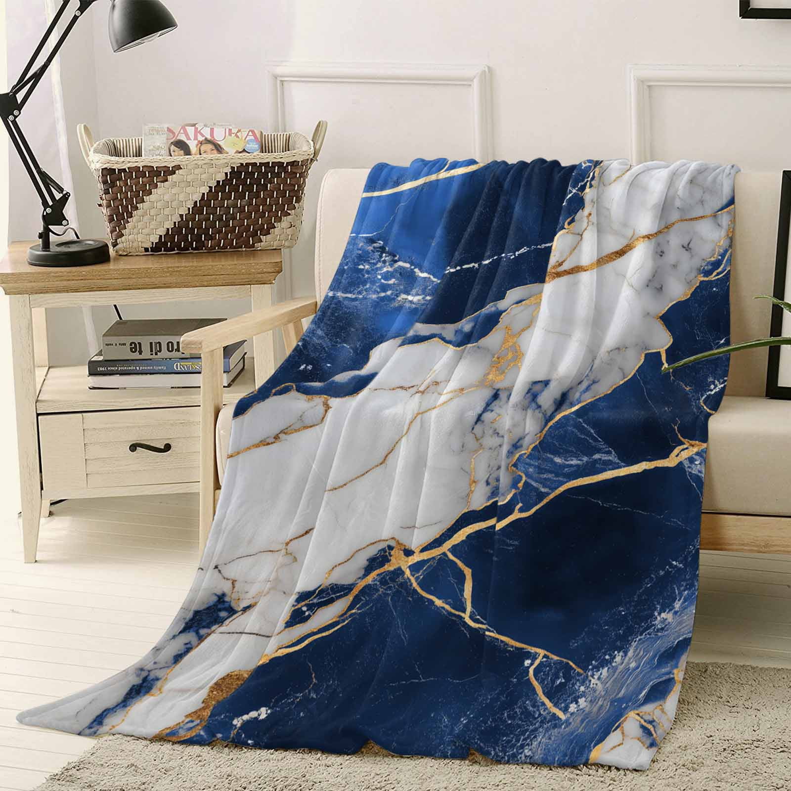 Fleece Blanket Navy Blue Grey Marble Blankets, Soft Cozy Warm Flannel ...