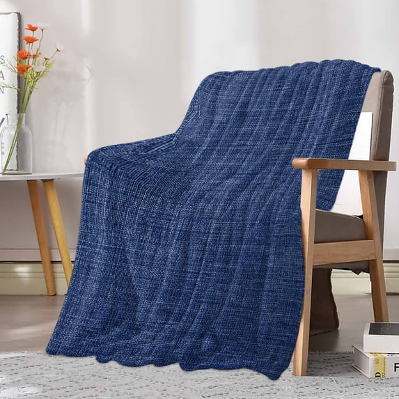 Fleece Blanket Navy Blue Retro Linen Blankets, Soft Cozy Warm Flannel ...