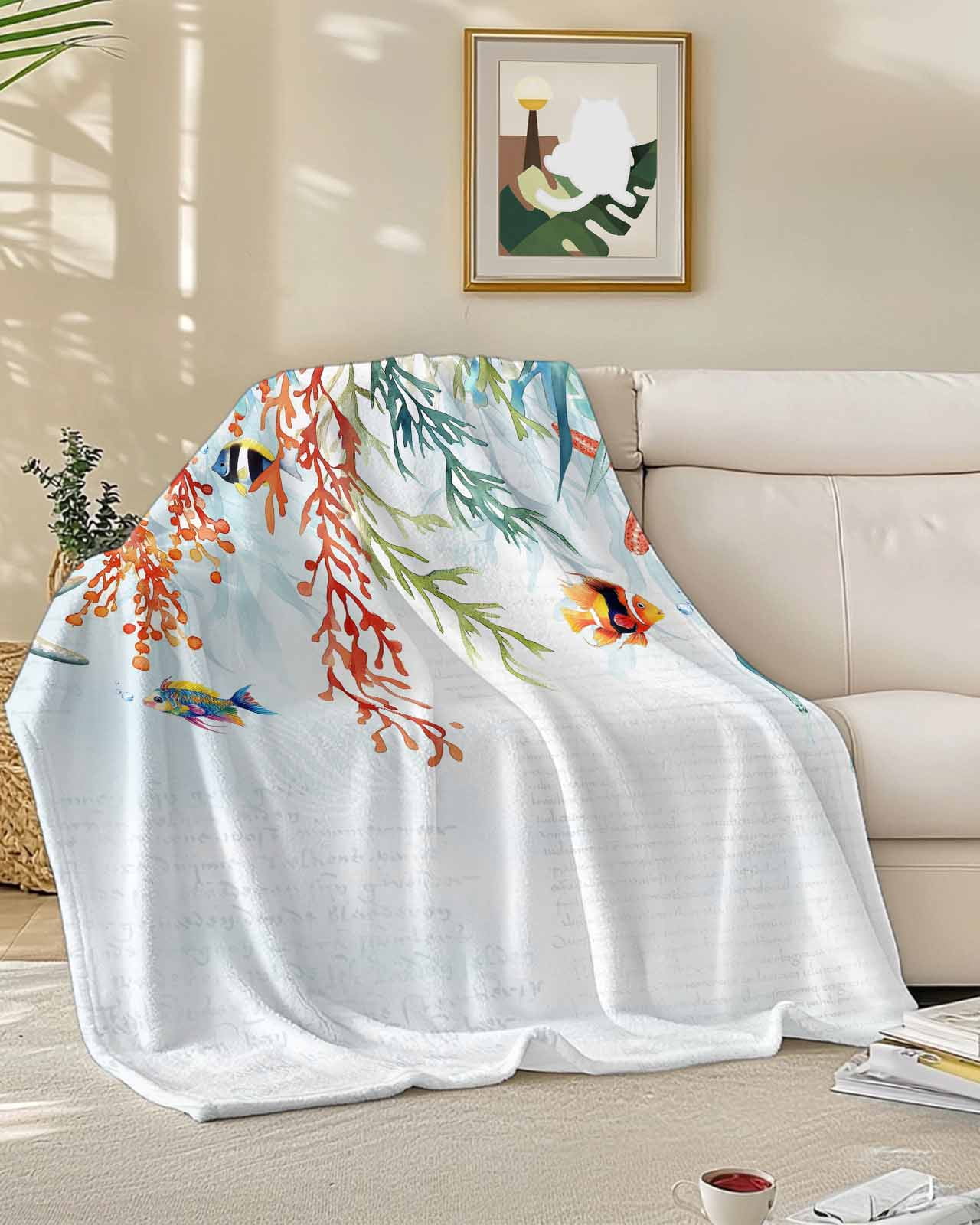 Fleece Blanket Ocean Coral Fish Starfish Blankets, Soft Cozy Warm ...