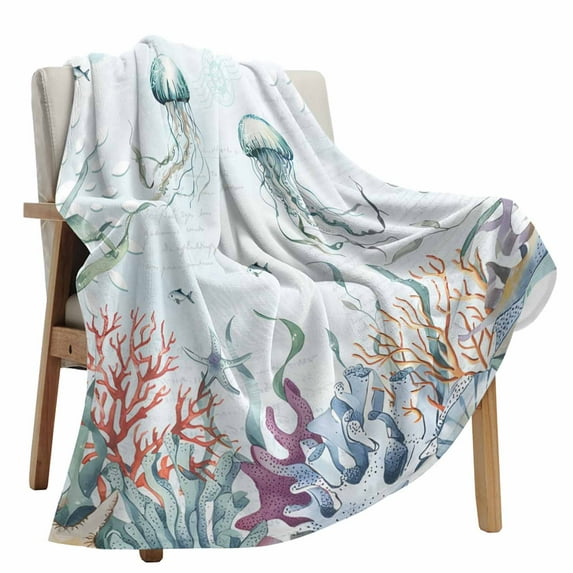 Fleece Blanket Ocean Coral Jellyfish Seagrass Starfish Blankets, Soft ...