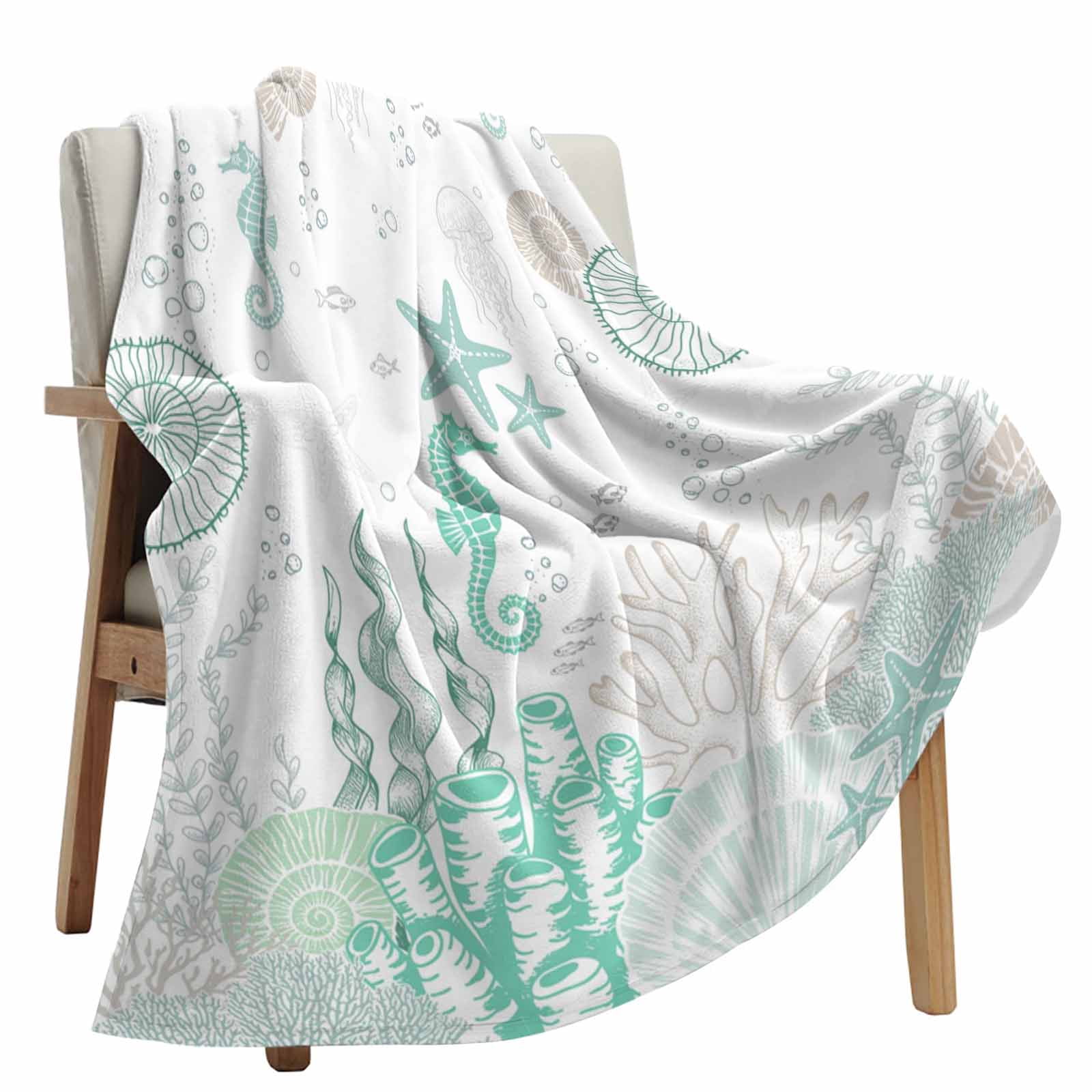 Fleece Blanket Ocean Coral Starfish Conch Seahorse Blankets, Soft Cozy ...