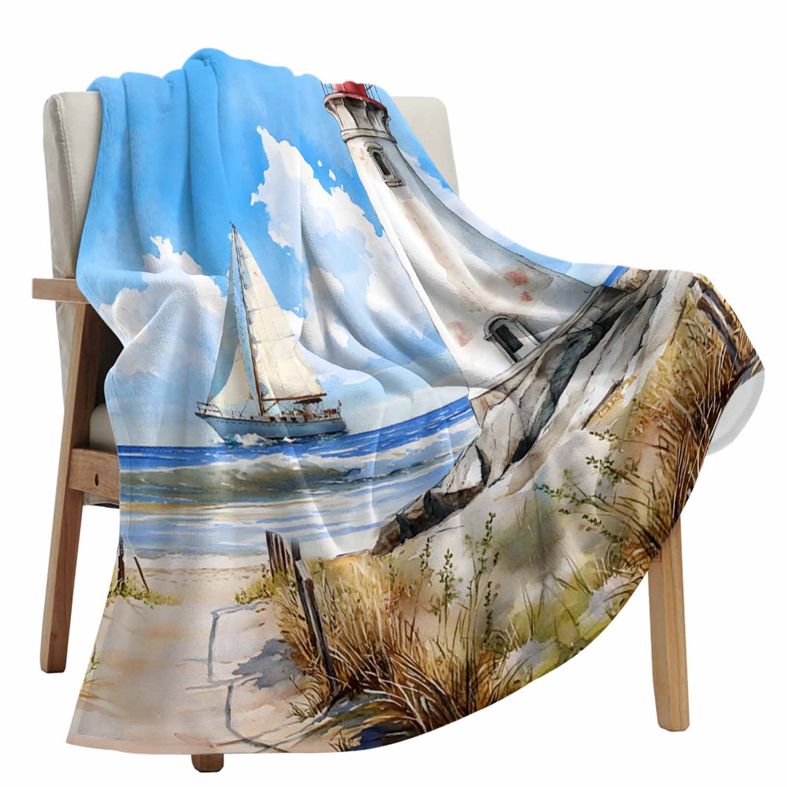 Fleece Blanket Ocean Lighthouse Boat Summer Beach Grass Blankets, Soft ...