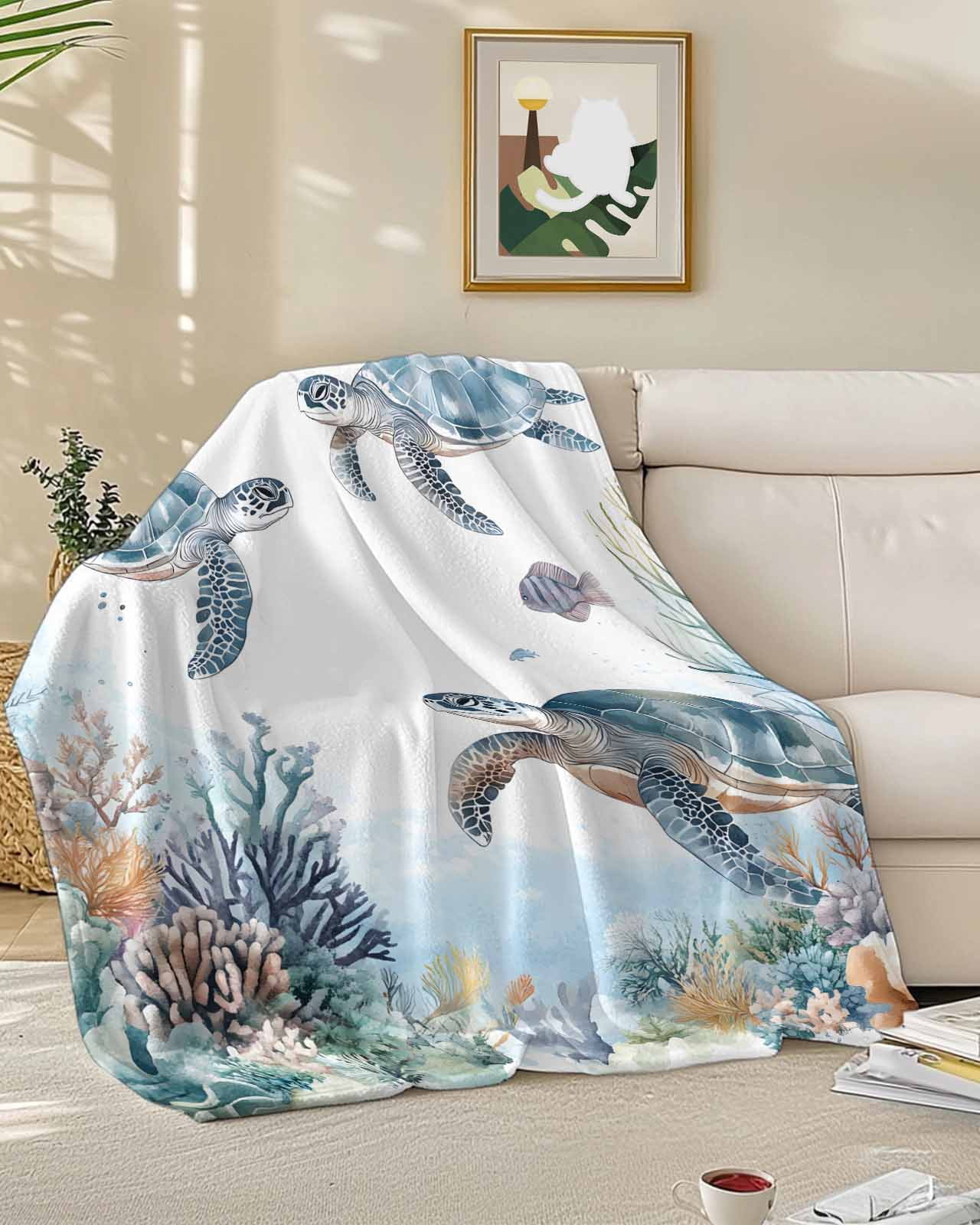 Fleece Blanket Ocean Sea Turtle Fish Coral Seaweed Blankets, Soft Cozy ...
