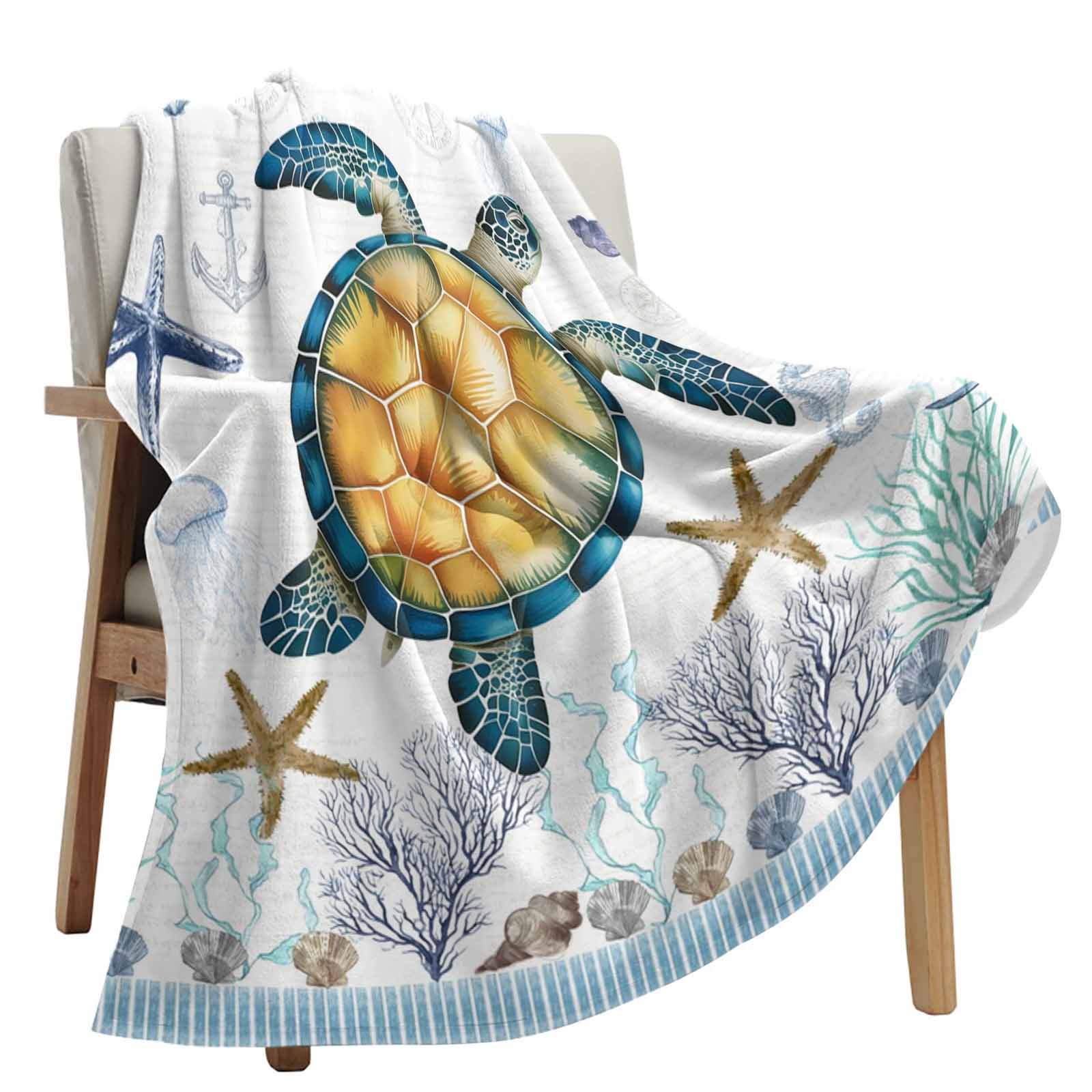 Fleece Blanket Ocean Sea Turtle Starfish Coral Blankets, Soft Cozy Warm ...
