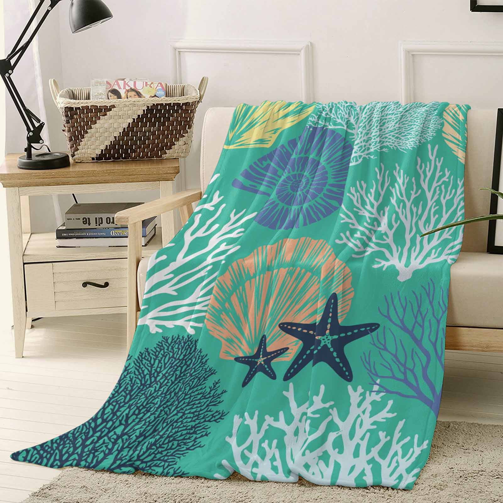 Fleece Blanket Ocean Shell Starfish Coral on Aqua Green Blankets, Soft ...