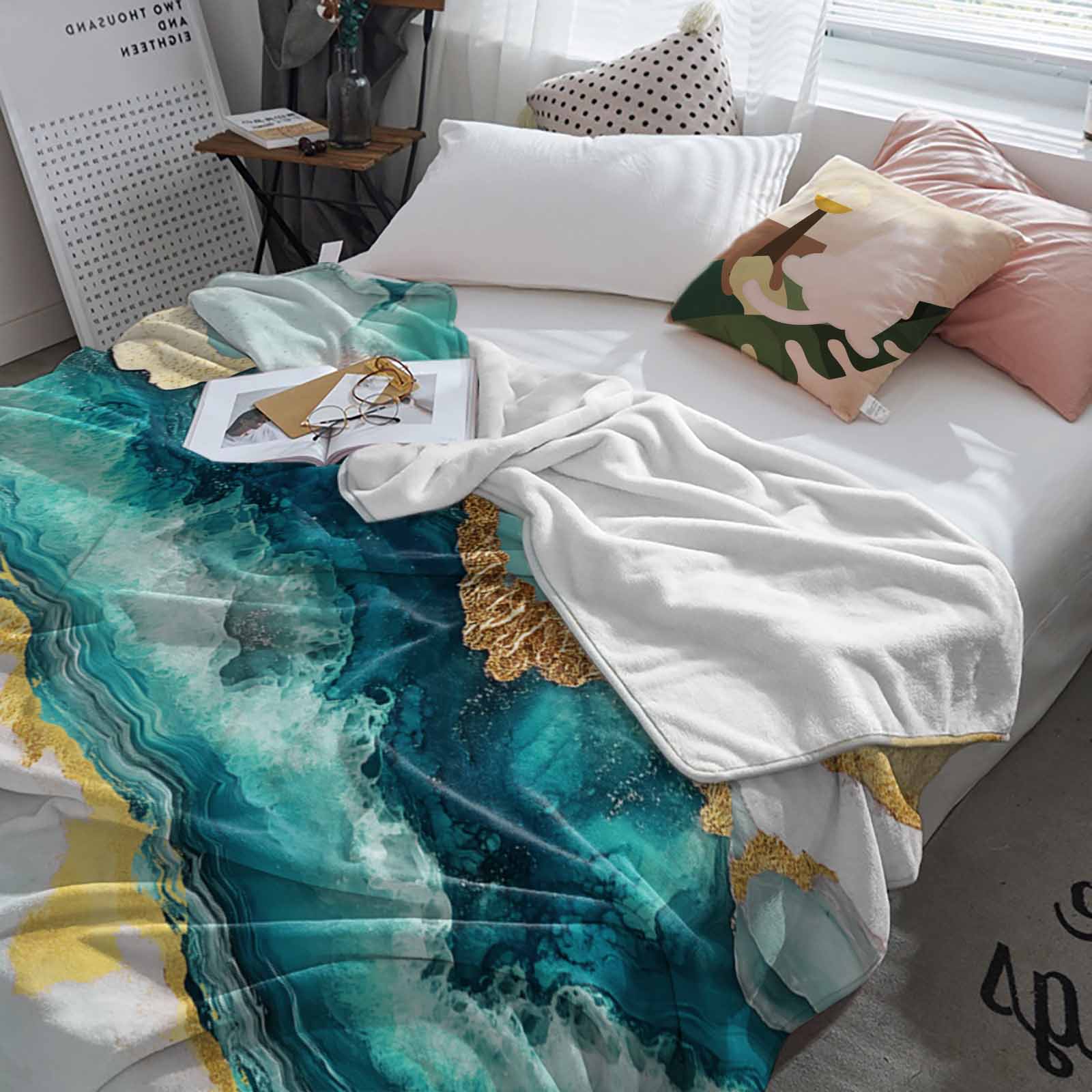 Fleece Blanket Ombre Turquoise Marble Texture Blankets, Soft Cozy Warm ...