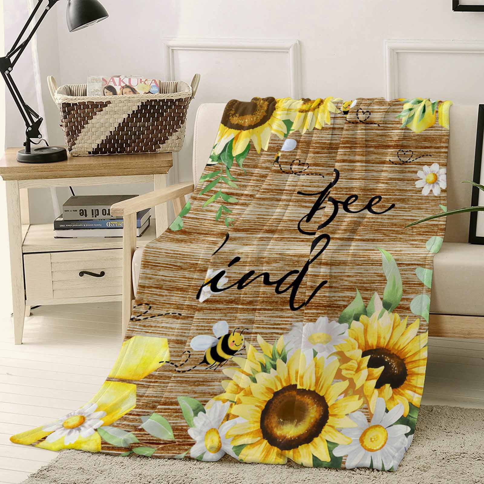 Fleece Blanket Pastoral White Yellow Flower Bee Blankets, Soft Cozy ...