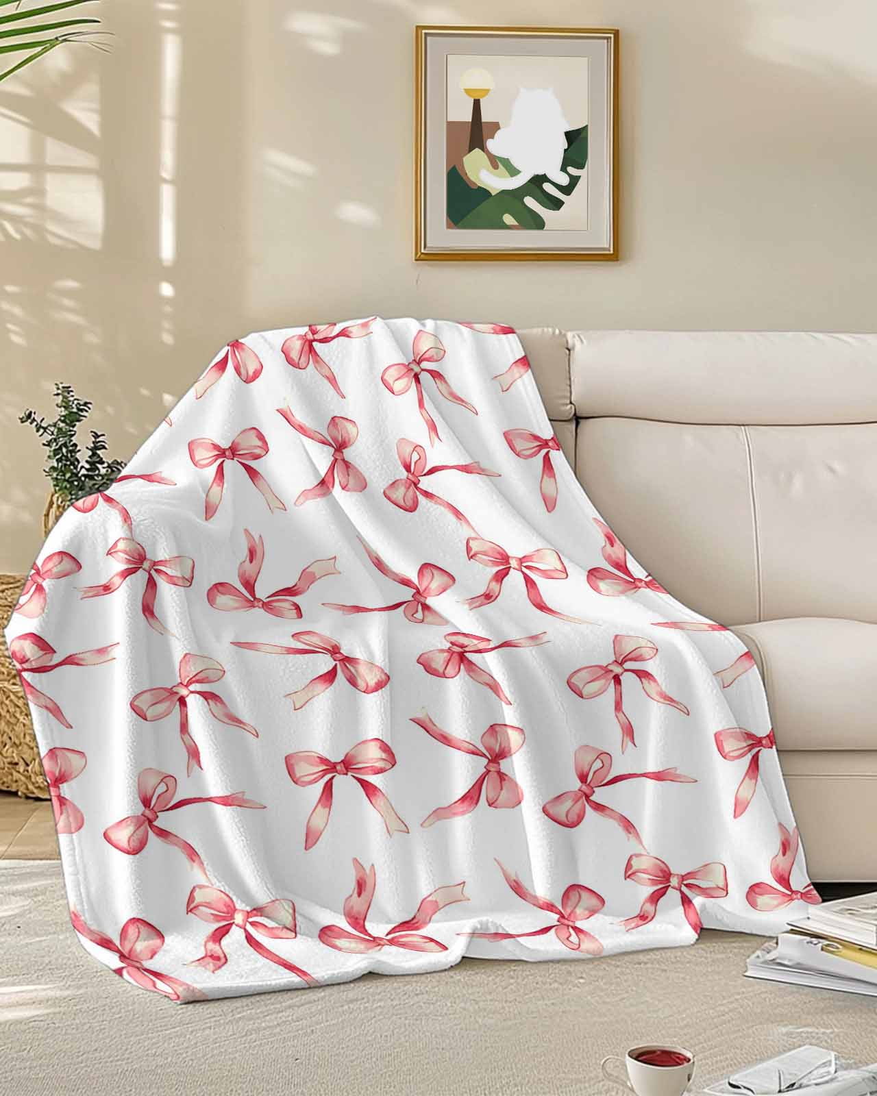 Fleece Blanket Pink Bow Seamless Blankets, Soft Cozy Warm Flannel Throw ...
