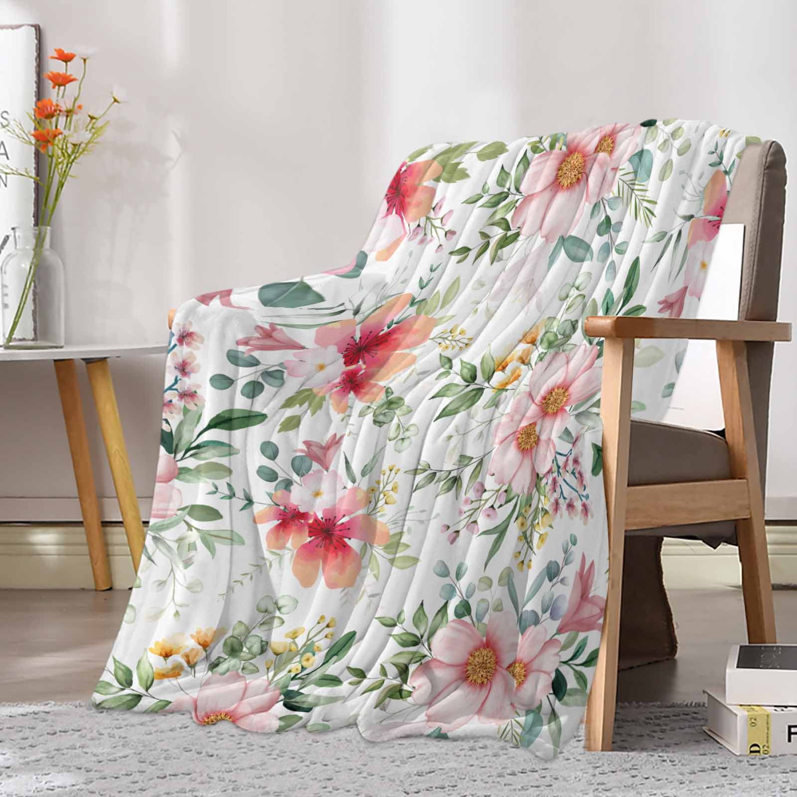 Fleece Blanket Pink Flower Green Leaves on White Blankets, Soft Cozy ...