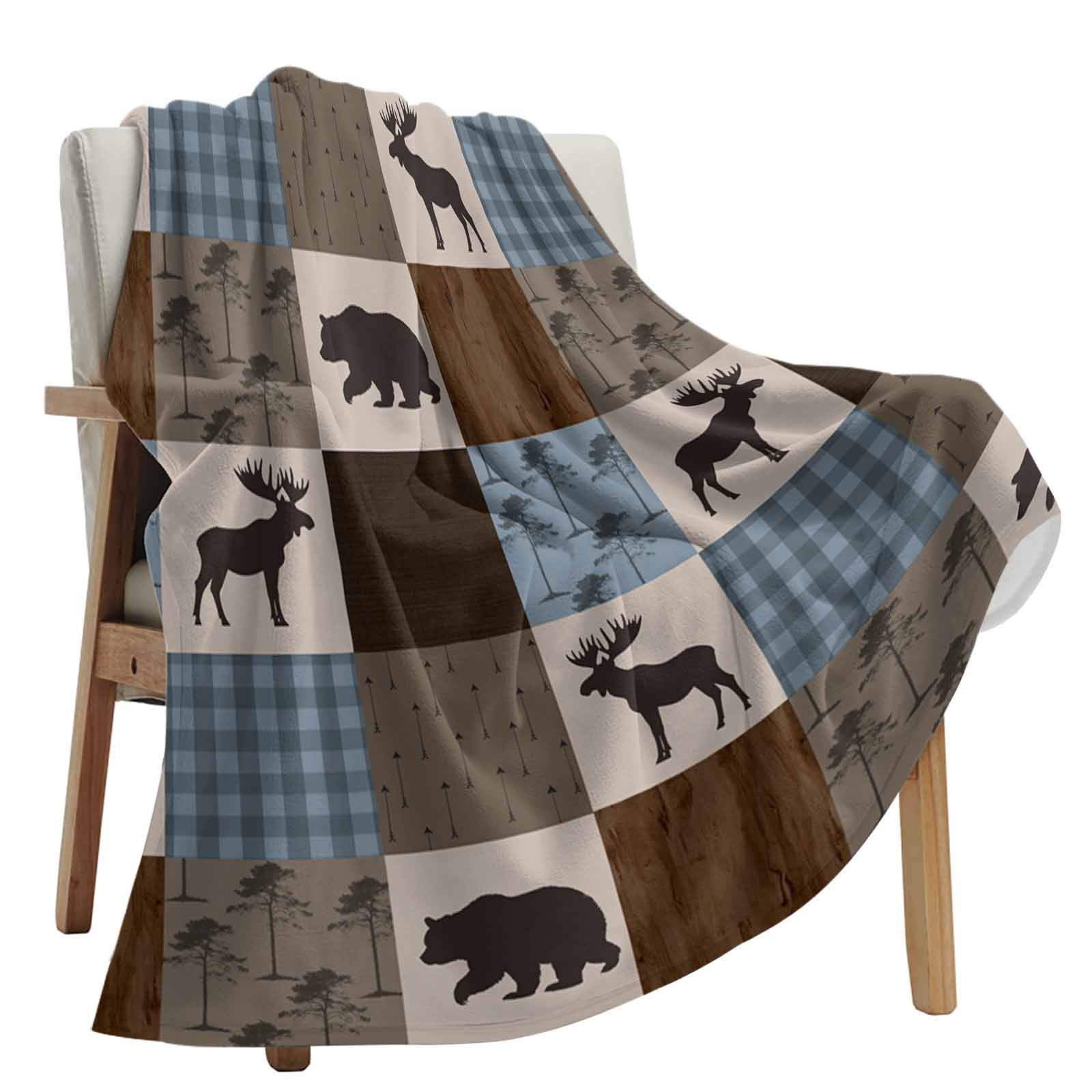 Fleece Blanket Retro Deer Bear Plaid Check Blankets, Soft Cozy Warm ...