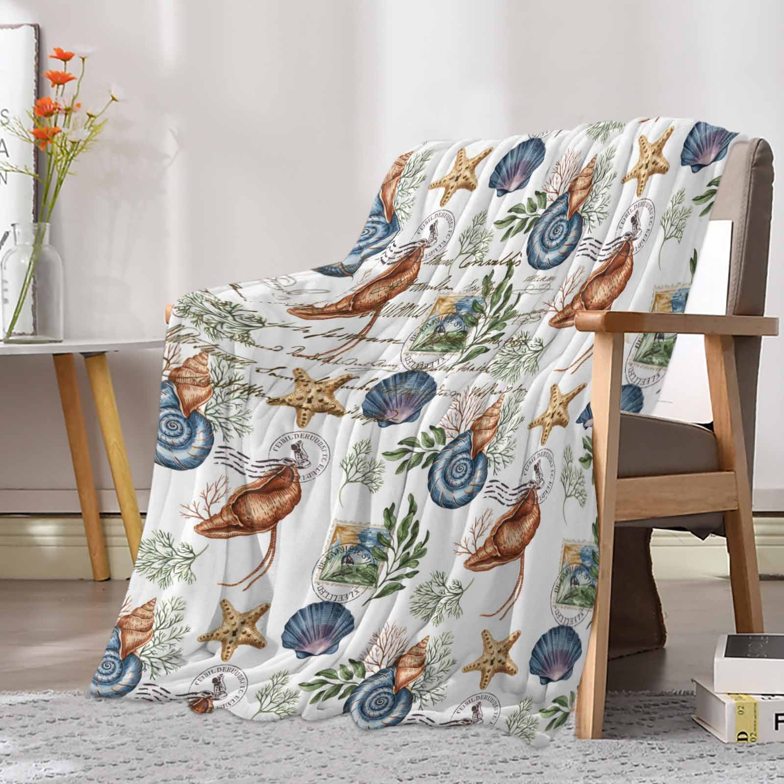 Fleece Blanket Retro Seaside Marine Life Blankets, Soft Cozy Warm ...